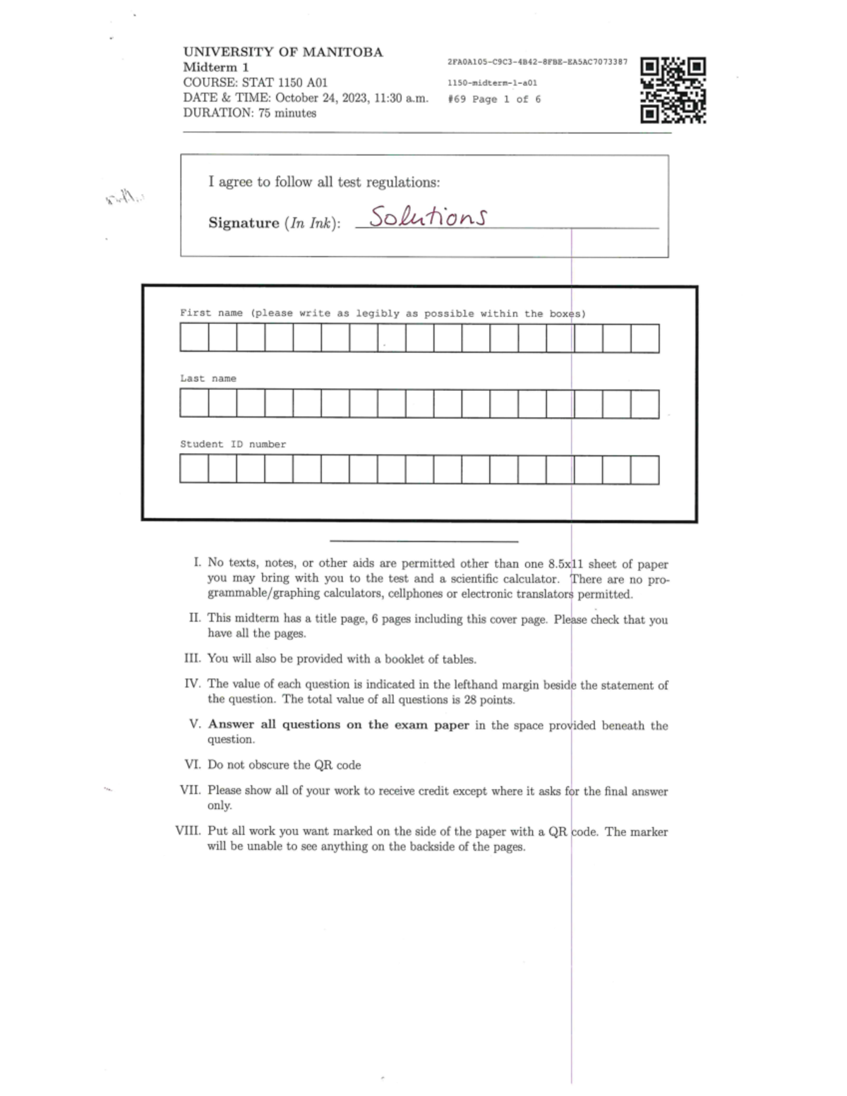 Midterm 1 Solutions 1150 A01 - STAT 1150 - Studocu