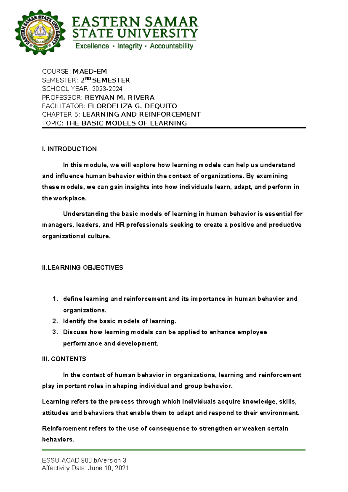 Report on human behavior in organization - COURSE: MAED-EM SEMESTER: 2 ...