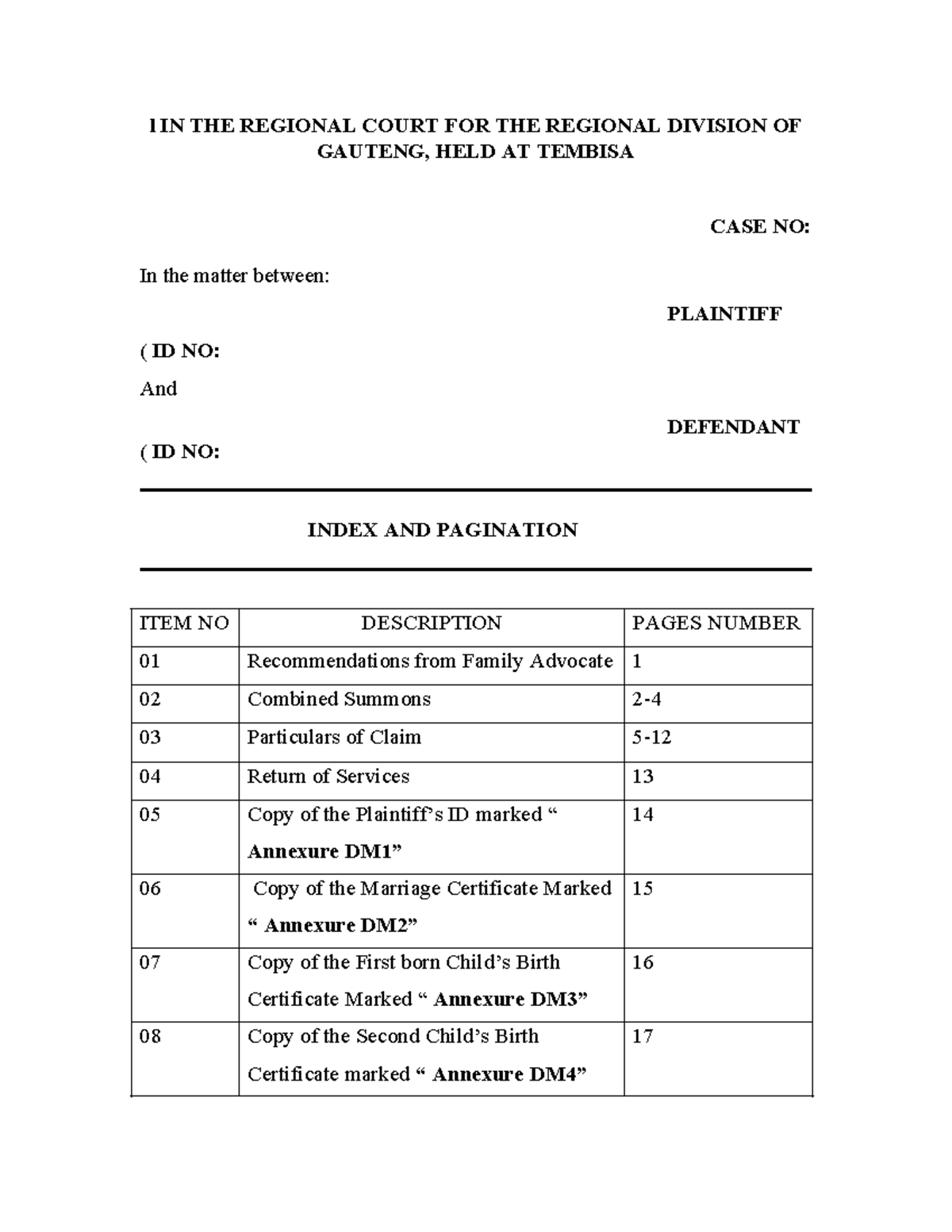 Index AND Pagination - l IN THE REGIONAL COURT FOR THE REGIONAL ...