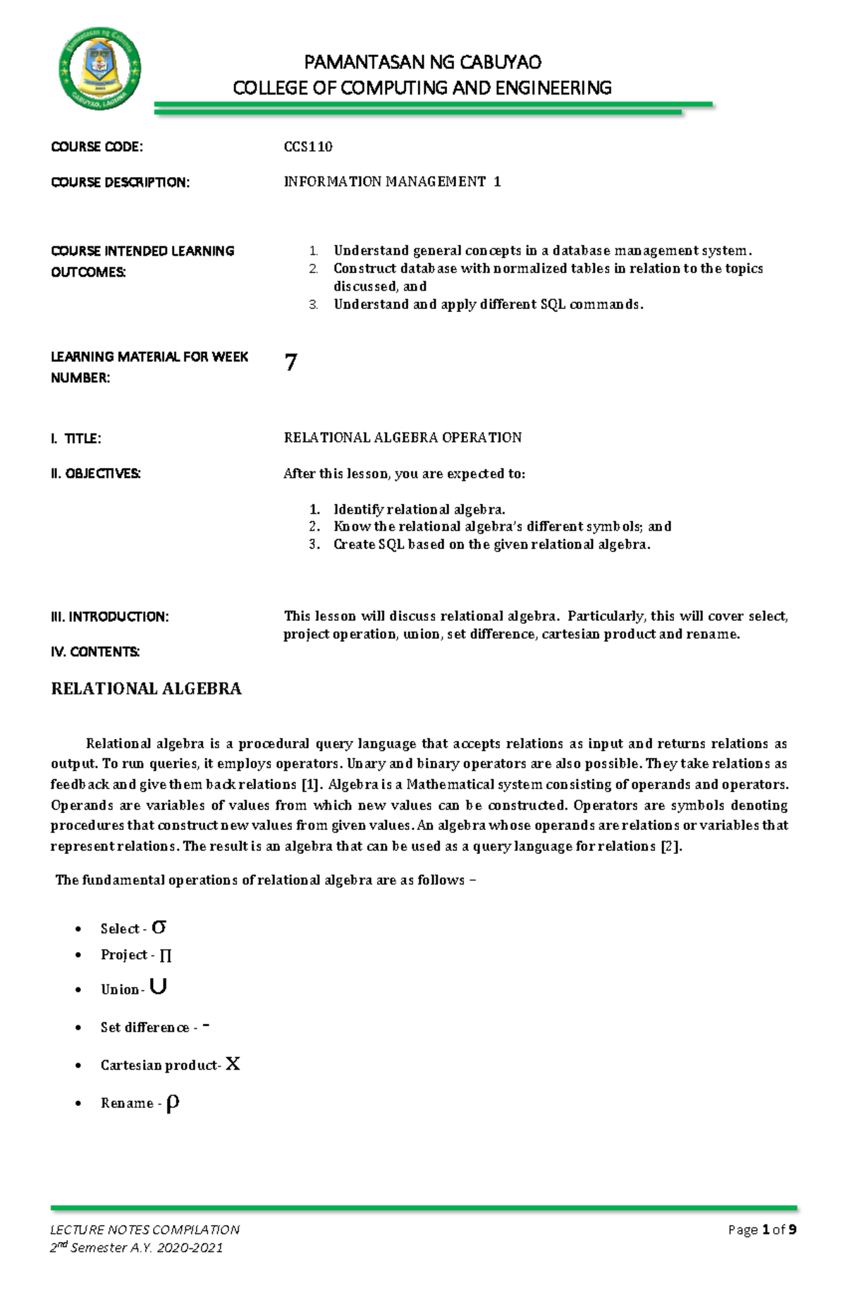 Wk7 - CCS110 s - Module - COLLEGE OF COMPUTING AND ENGINEERING LECTURE ...