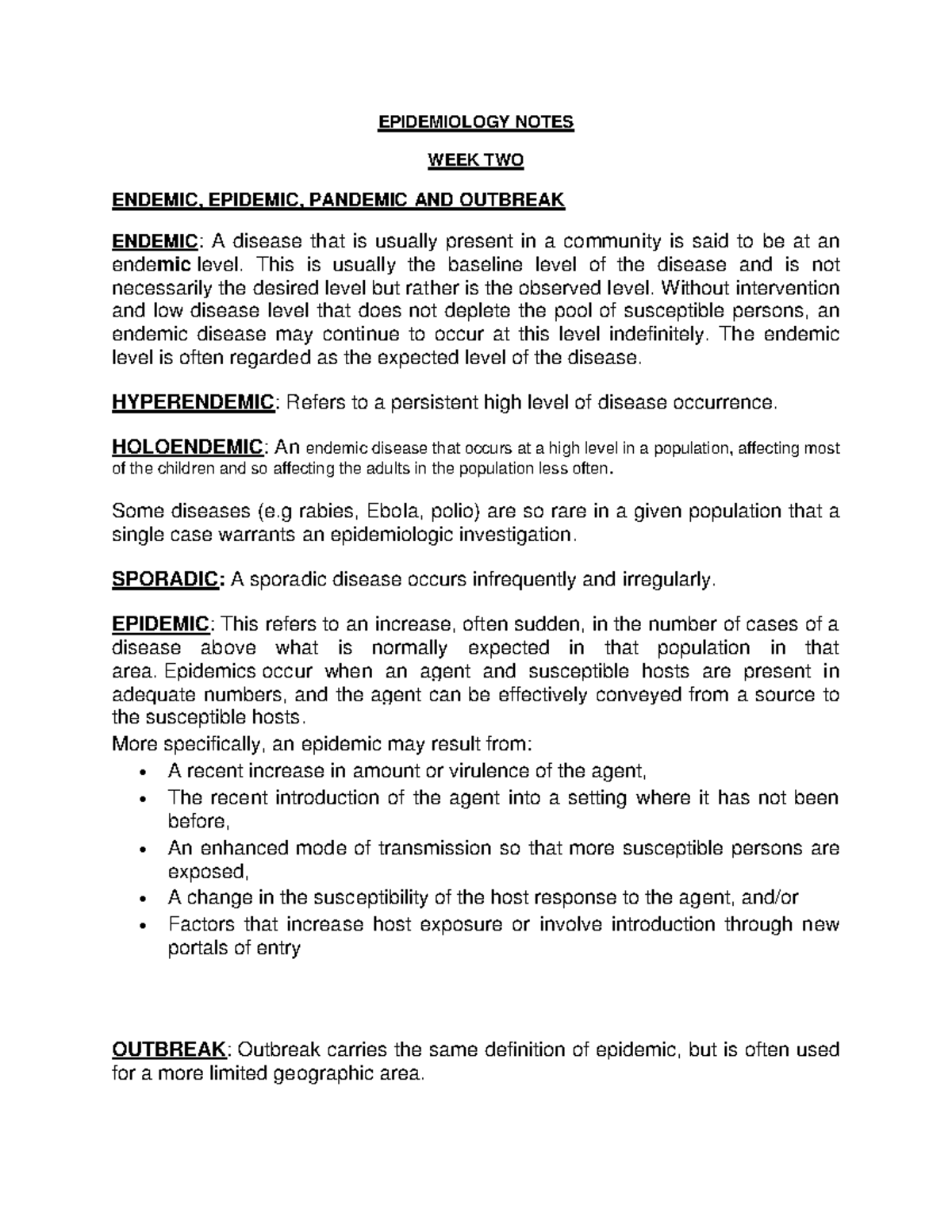Epidemiology Two - Very Educative - EPIDEMIOLOGY NOTES WEEK TWO ENDEMIC ...