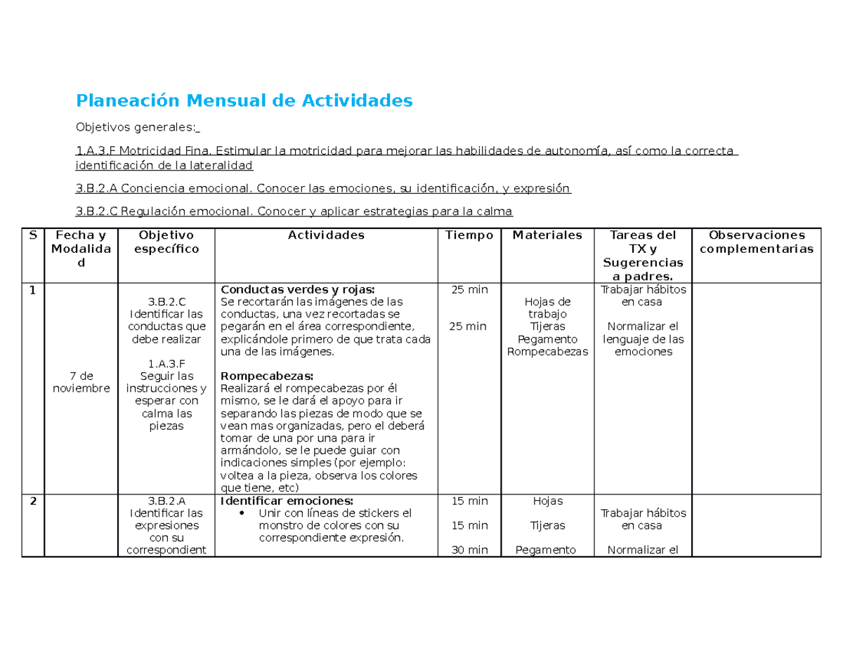 Actividades Socioemocional - Planeación Mensual de Actividades ...