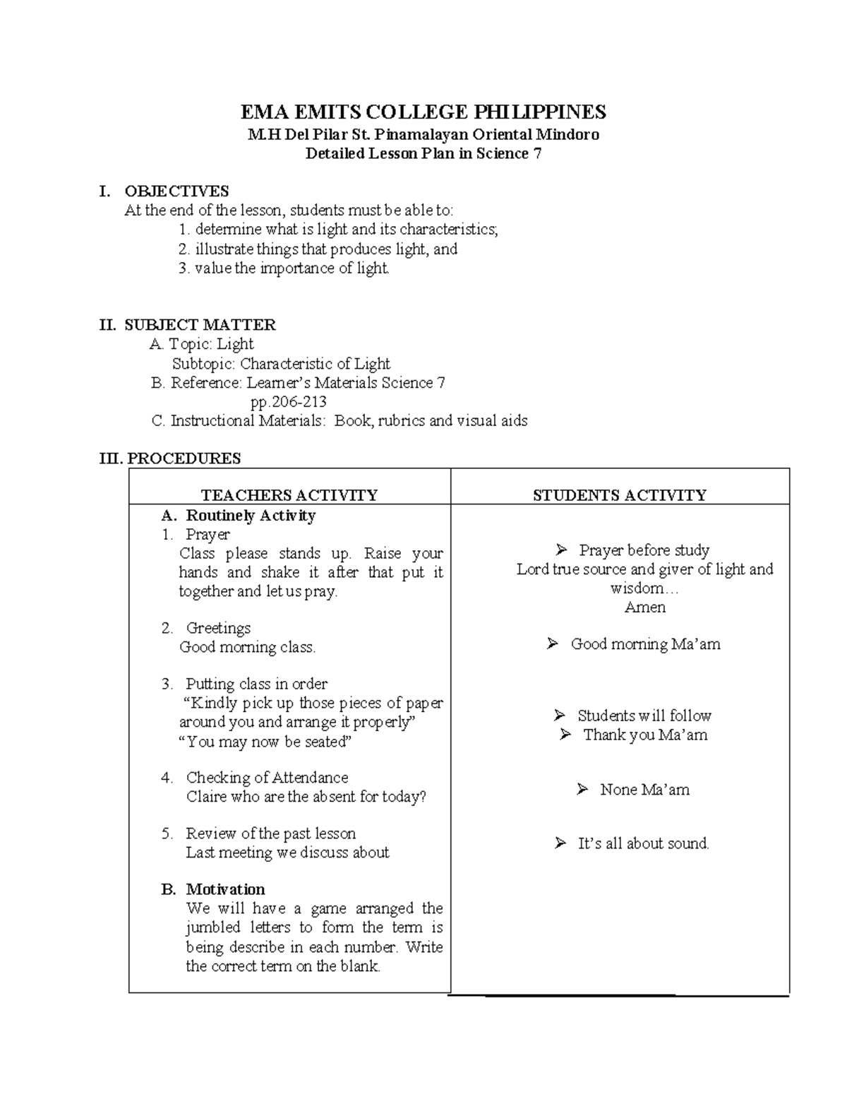 Light - EMA EMITS COLLEGE PHILIPPINES M Del Pilar St. Pinamalayan ...