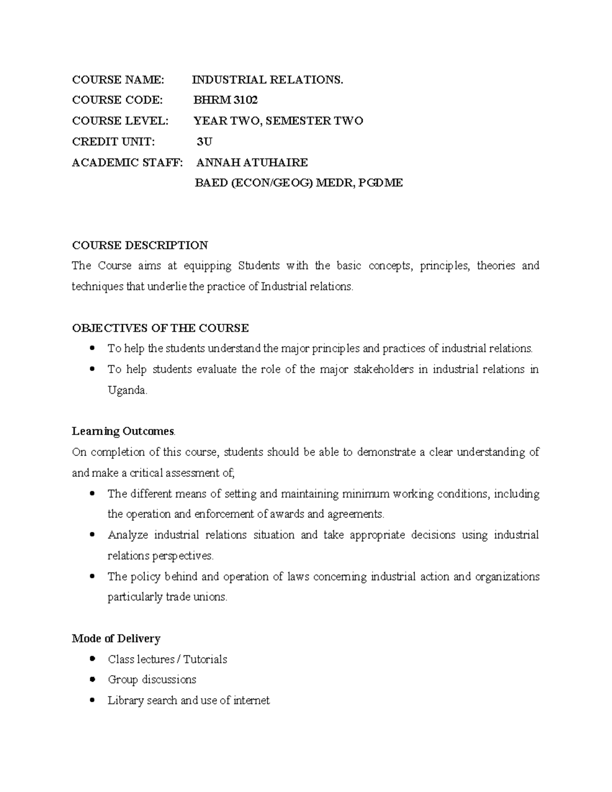 Course Outline for Industrial Relations - COURSE NAME: INDUSTRIAL ...