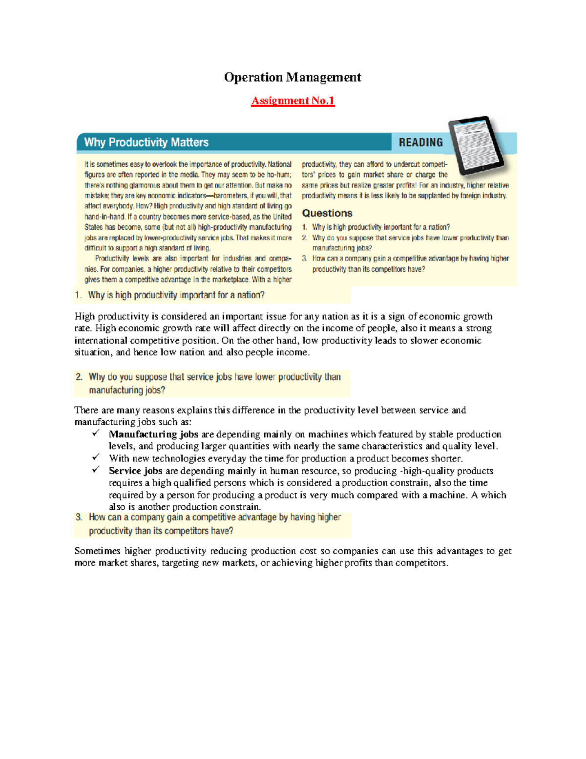 Operation Management - dsddsd - Operation Management Assignment No. High productivity is ...