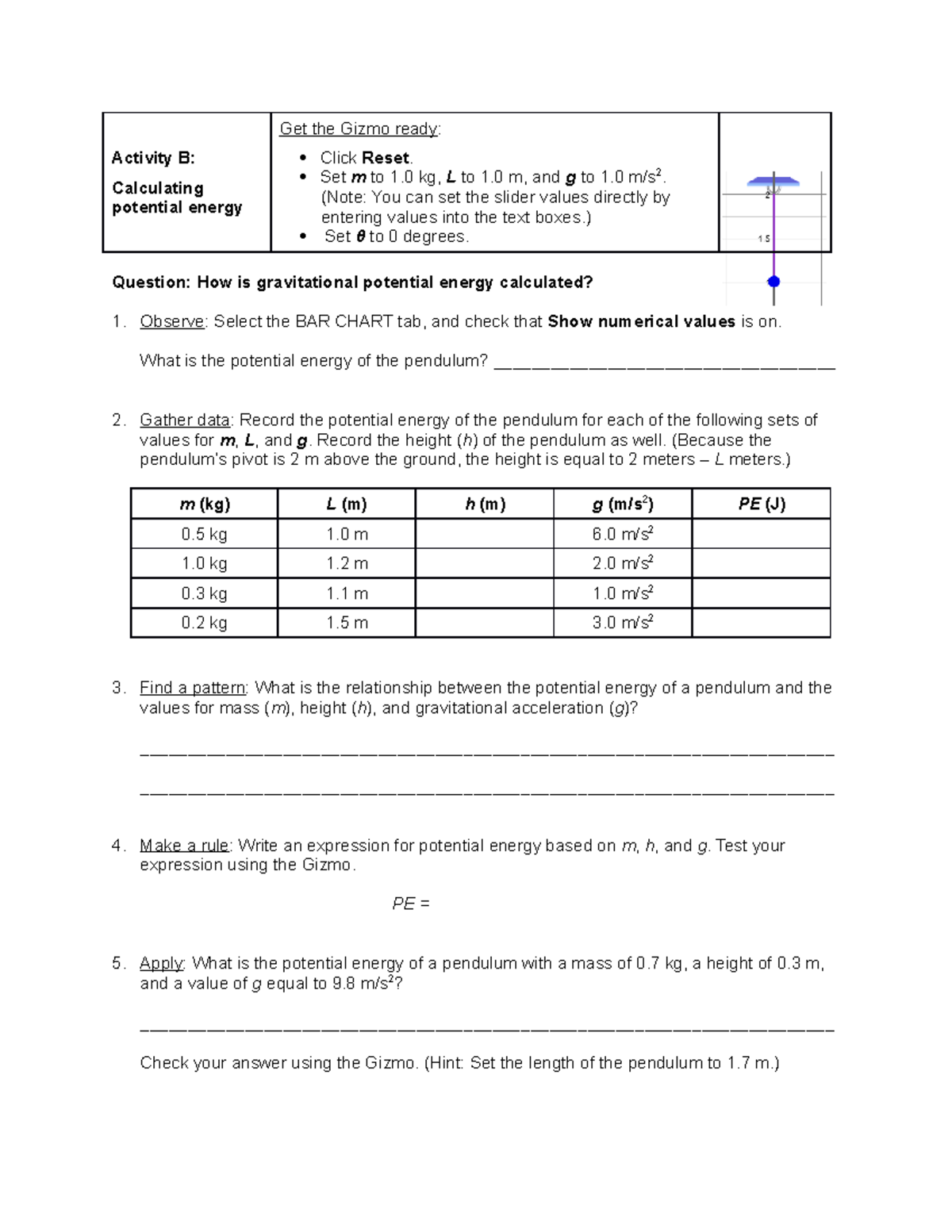 Energy Pendulum Activity B and C - Activity B: Calculating potential ...