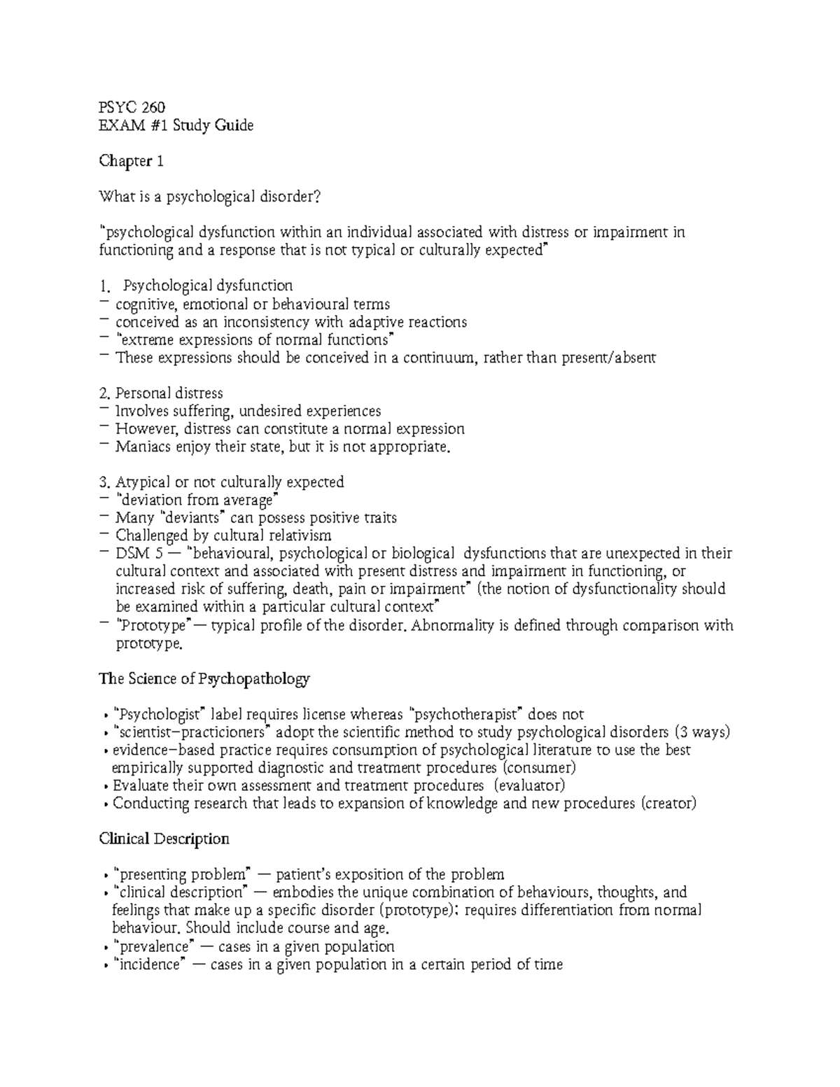 PSYC 260 Exam #1 - PSYC 260 EXAM #1 Study Guide Chapter 1 What is a psychological disorder ...