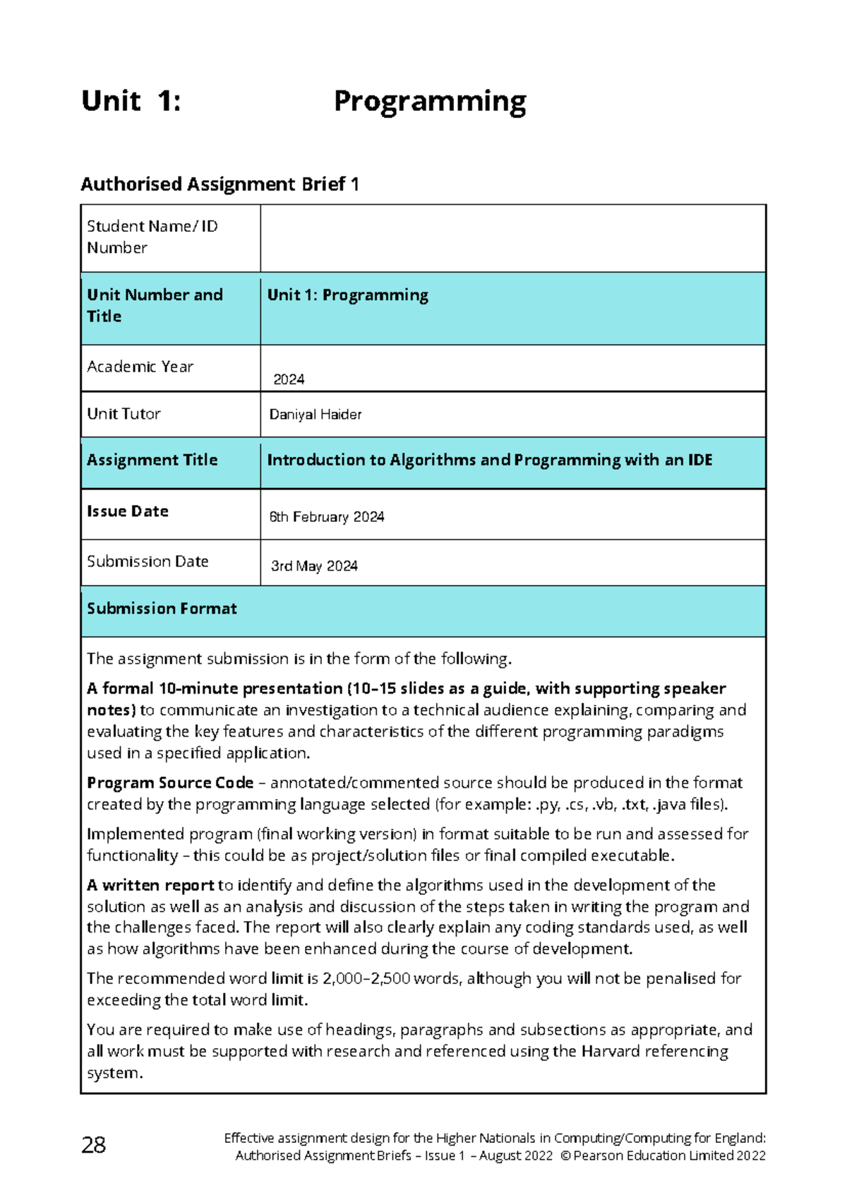 Assignment 1 brief - Effective assignment design for the Higher Nationals in Computing/Computing ...