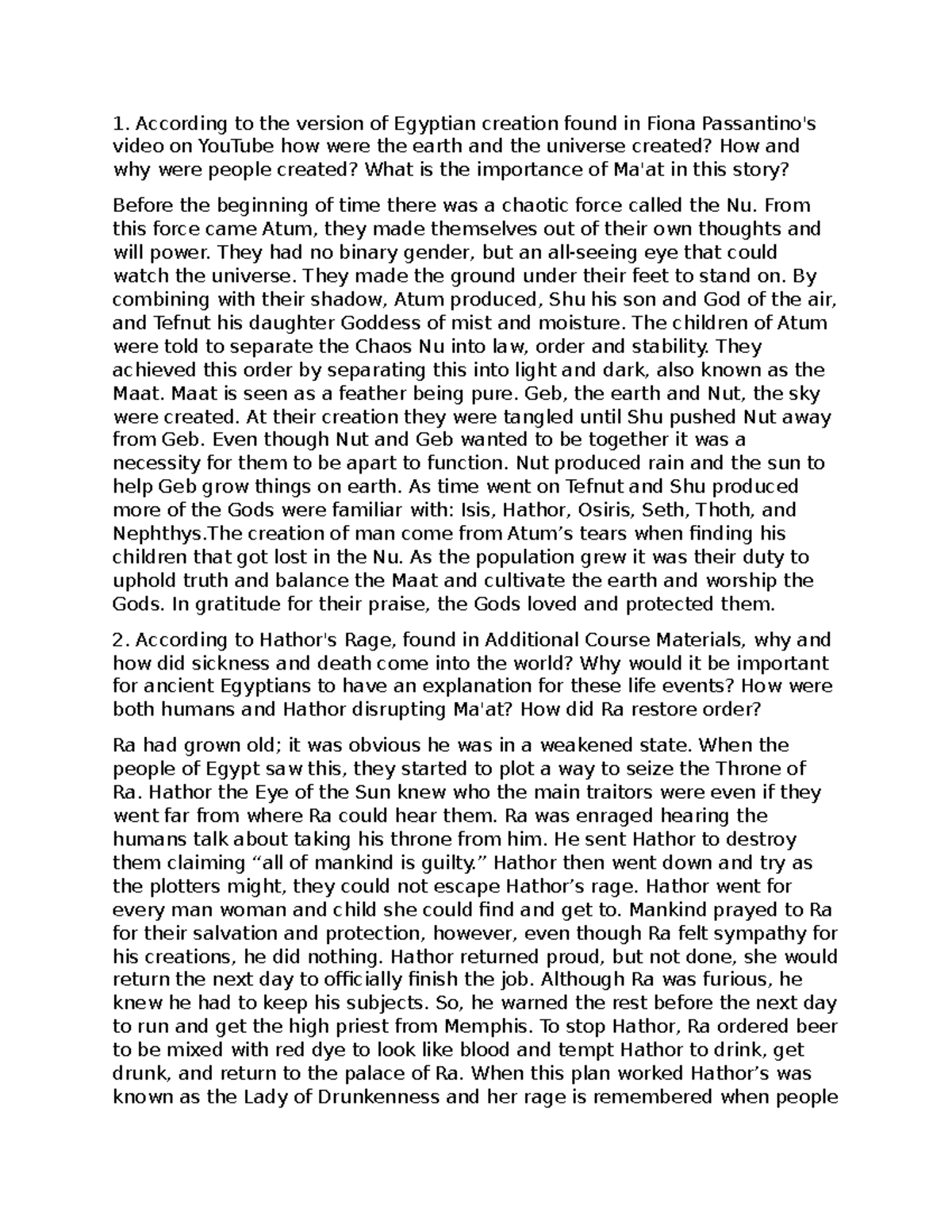 DBQ Egypitian Life and Belifs - According to the version of Egyptian ...