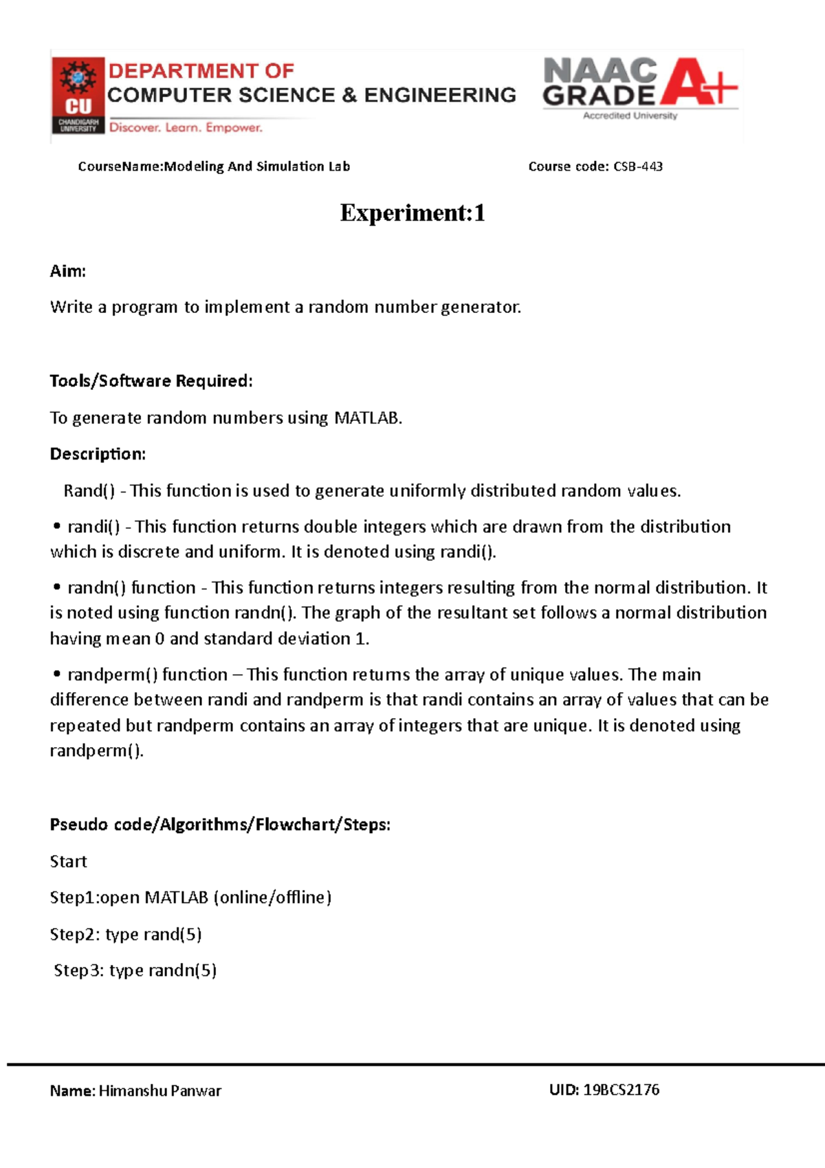Experiment 1 Wss Experiment Aim Write A Program To Implement A Random Number Generator