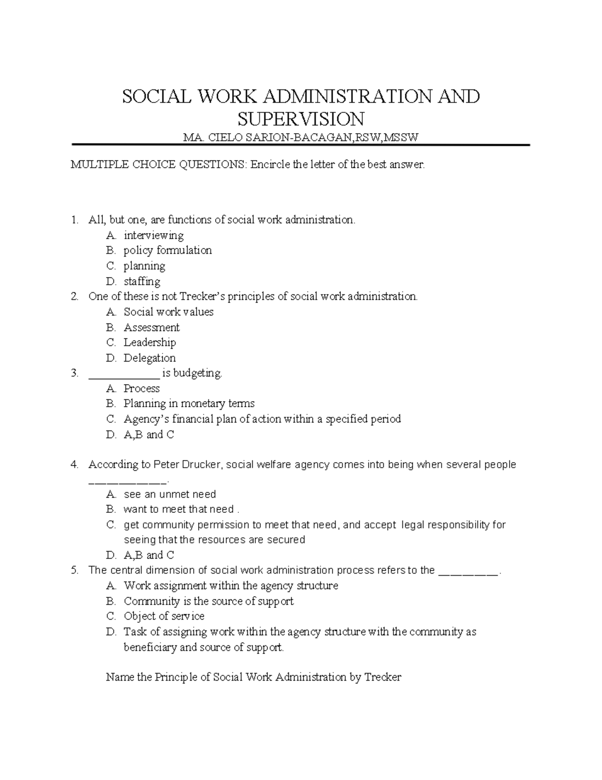 Social Work-Admin-Mock-Board - SOCIAL WORK ADMINISTRATION AND ...