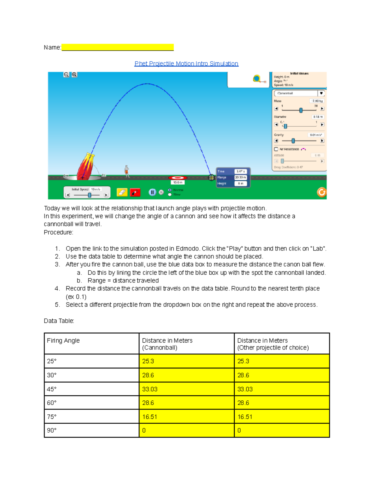 William Hoagland - Phet Projectile Motion Angles - Name