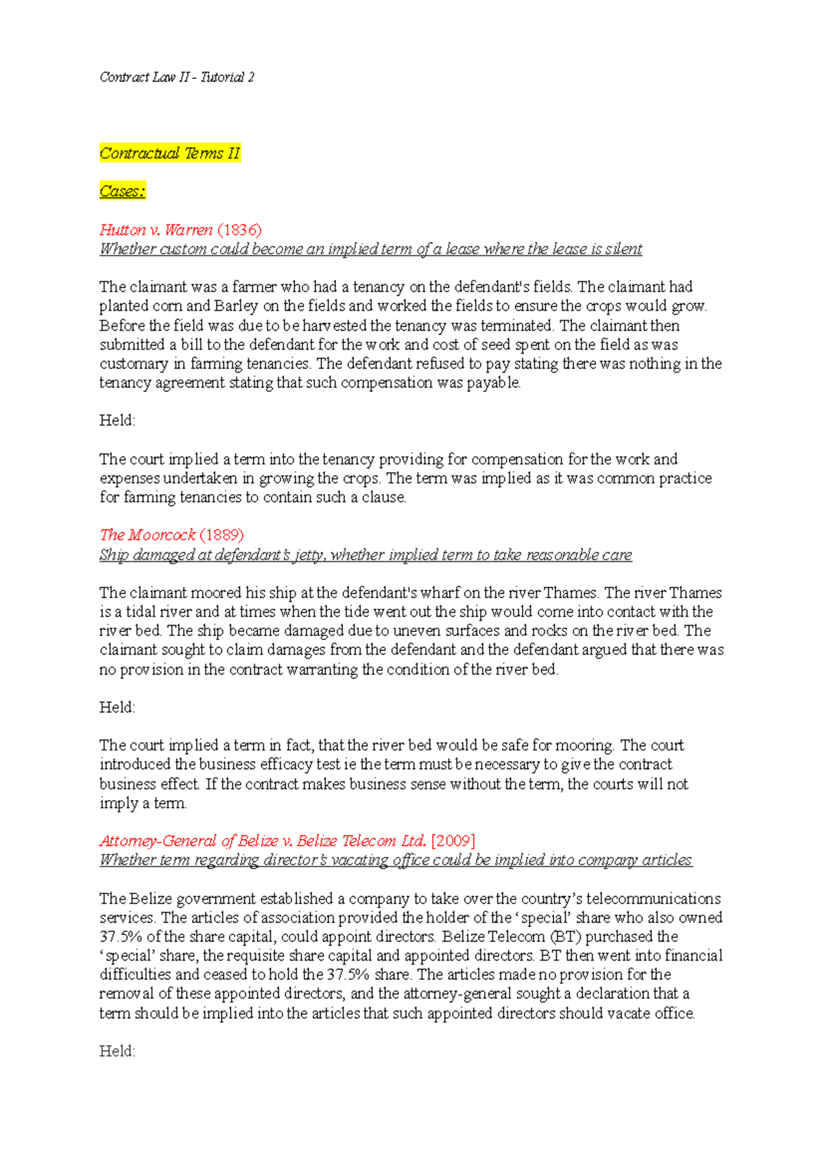 Contract Law II week 2 - Tutorial week 2 - Contractual Terms II Cases: Hutton v. Warren (1836 ...