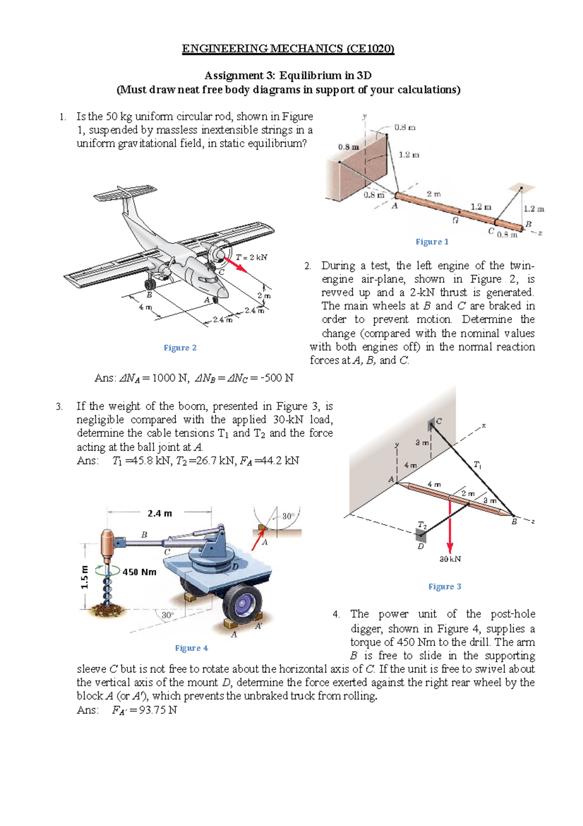 Assignment 3 - ENGINEERING MECHANICS (CE1020) Assignment 3: Equilibrium ...