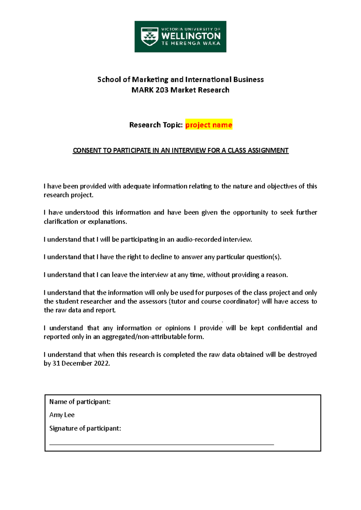 Interview Consent Form - School of Marketing and International Business ...