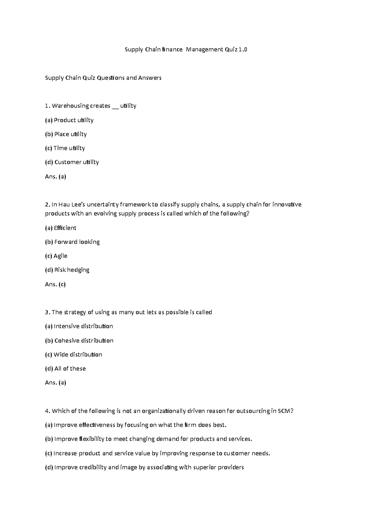 Supply Chain Finance Management Quiz 1 - Supply Chain Quiz Questions ...