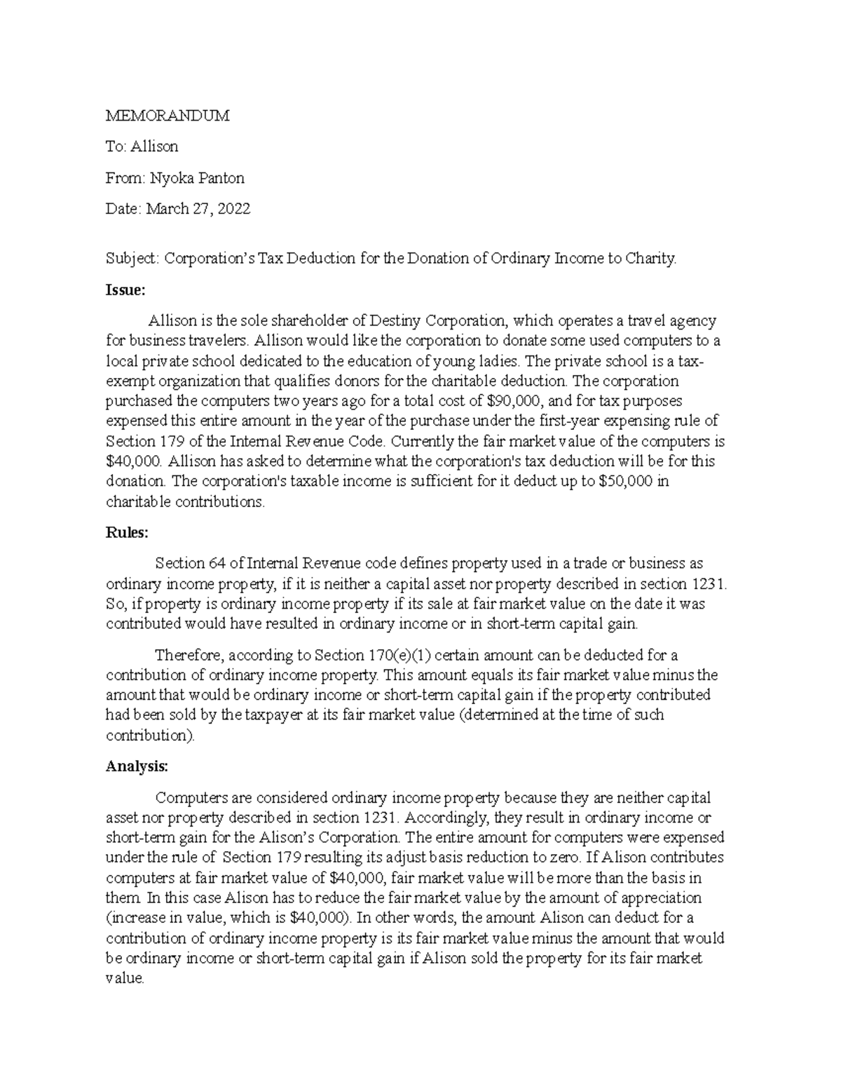 Case 2 - Homework - MEMORANDUM To: Allison From: Nyoka Panton Date ...