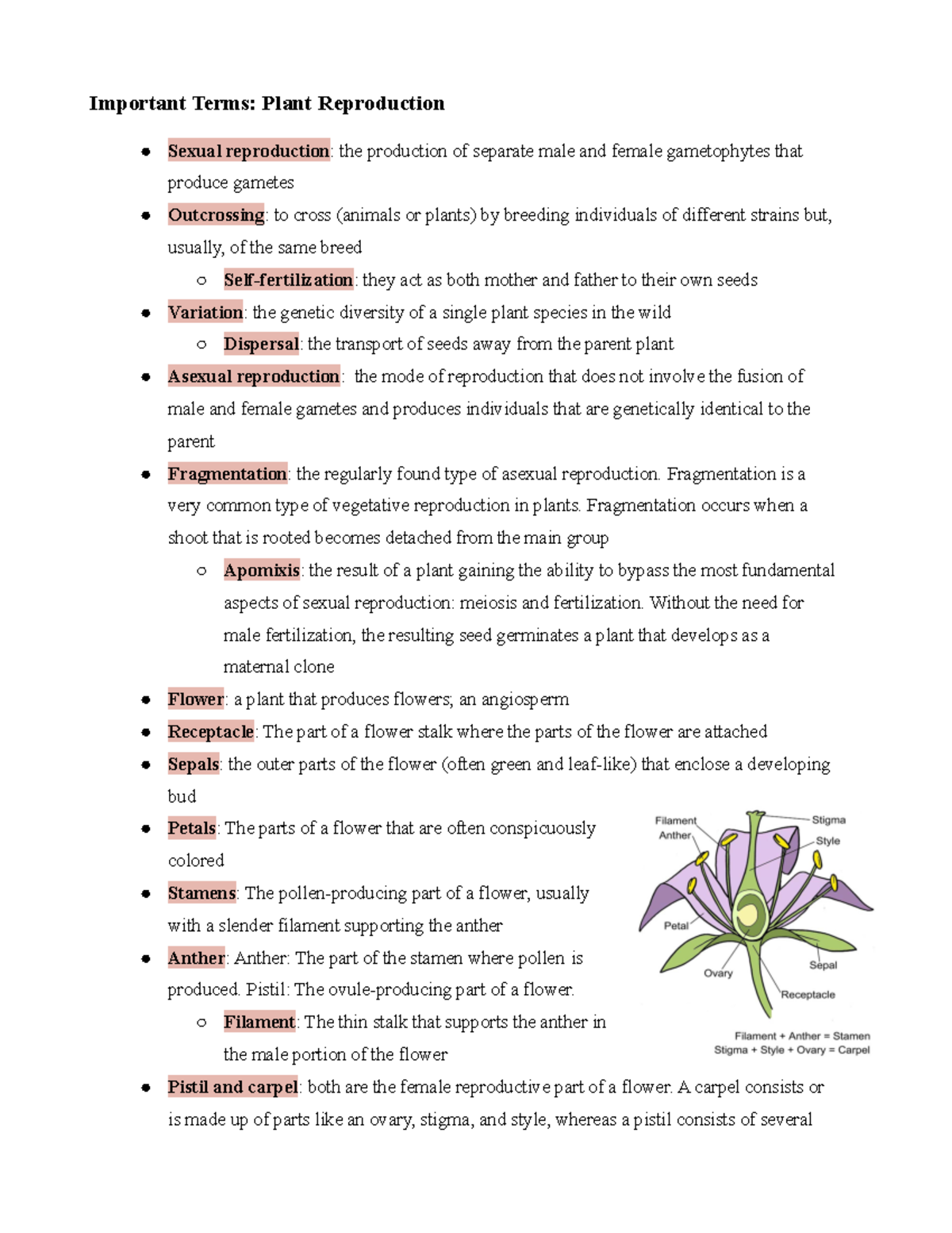 BIOL 112 - Plant Reproduction Terms (1) - Important Terms: Plant ...