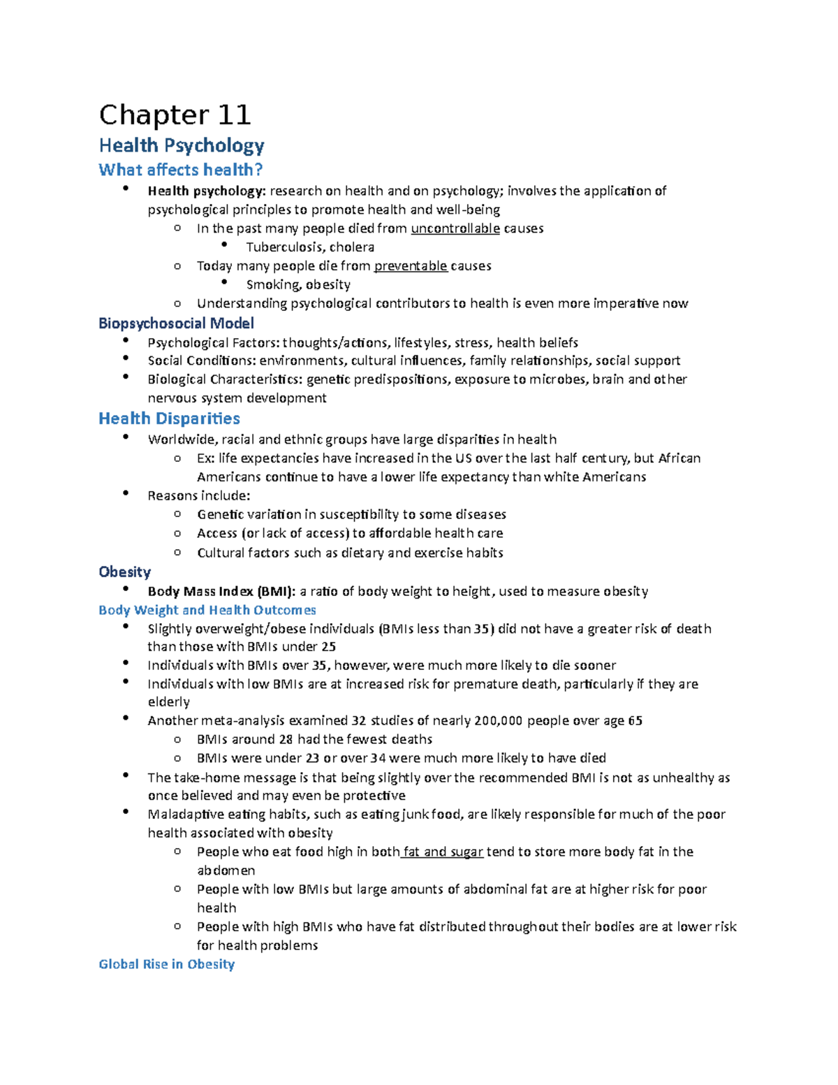 Chapter 11 Psy 100 - Health Psychology - Chapter 11 Health Psychology ...