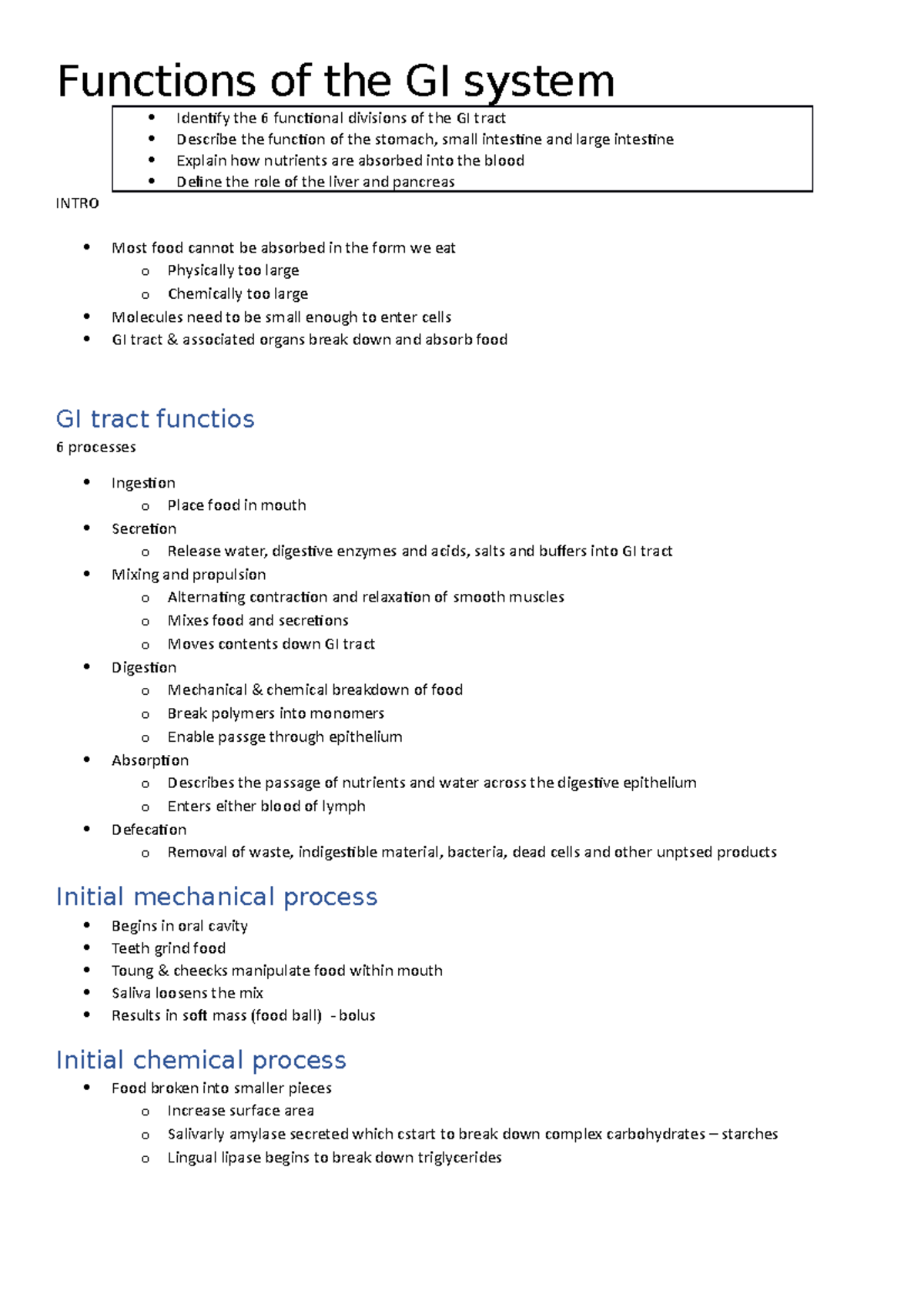 11. Functions of the GI system - Functions of the GI system Identify ...