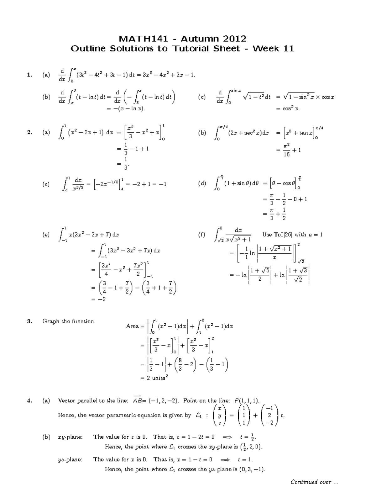 MATH141 Tutorial Solutions - MATH141 - Autumn 2012 Outline Solutions to Tutorial Sheet - Week 11 ...