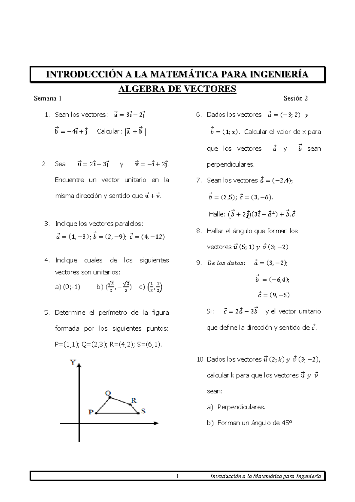 S01.s2 - Resolver ejercicios Algebra Vectorial - 1 Introducción a la Matemática para Ingeniería ...