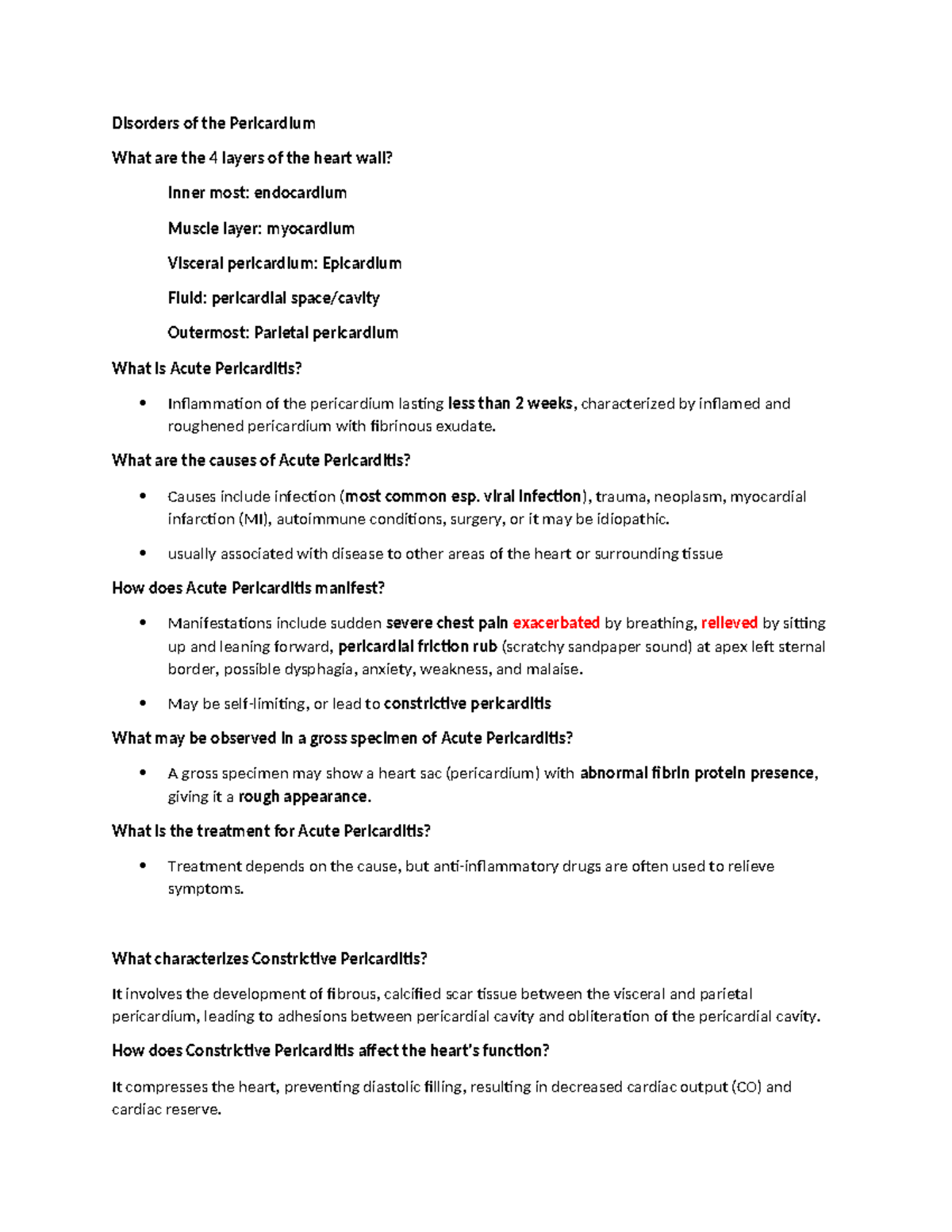 Wk 7 - Please study this - Disorders of the Pericardium What are the 4 ...