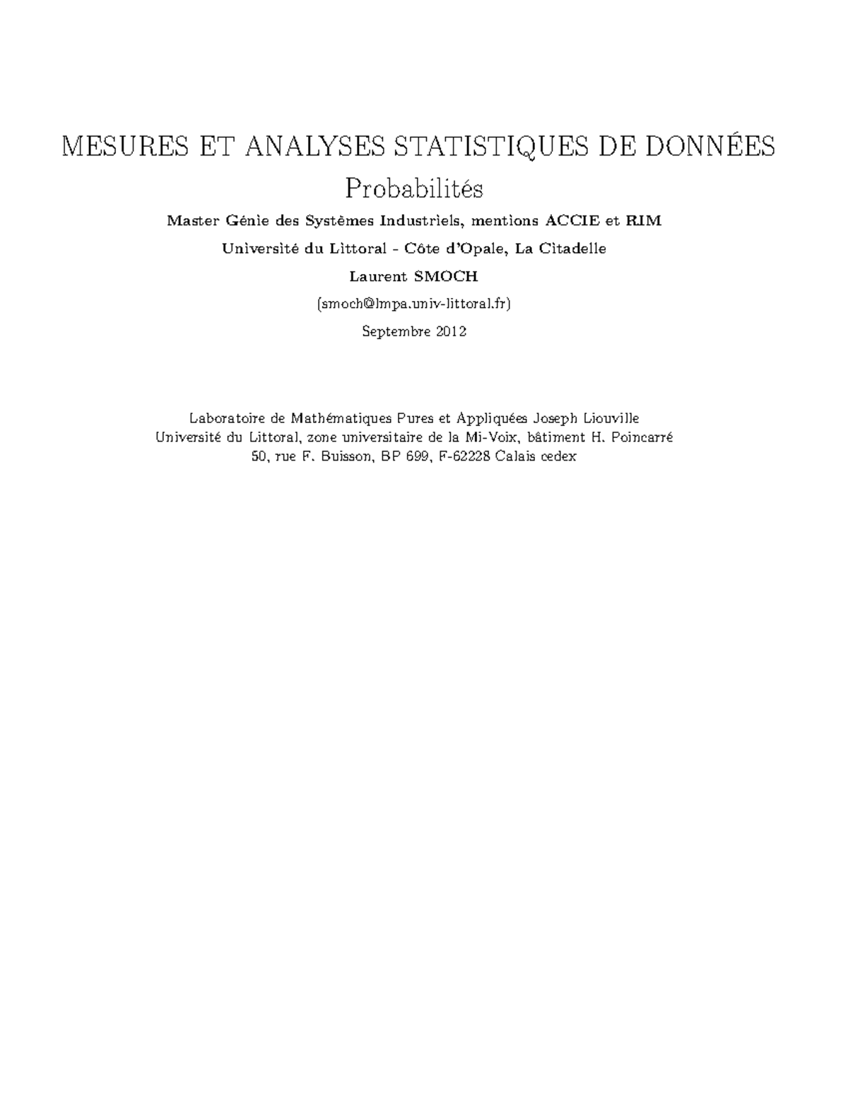 Probas Master 1 GSI chapitre 1 - MESURES ET ANALYSES STATISTIQUES DE ...