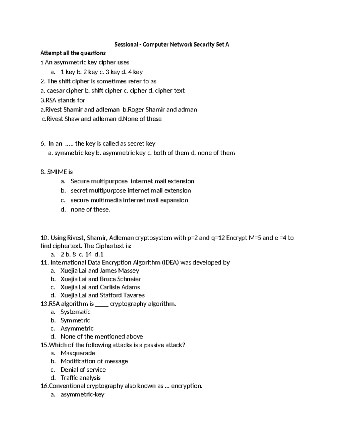 CNS MCQ Paper Set A - Sessional - Computer Network Security Set A ...