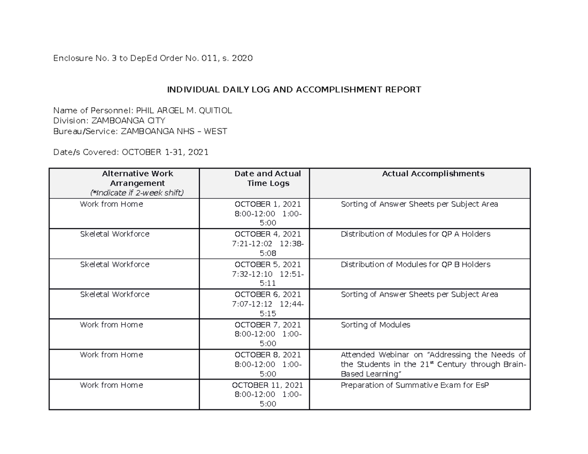 WFH plan and report - Work from home learning plan - Enclosure No. 3 to ...