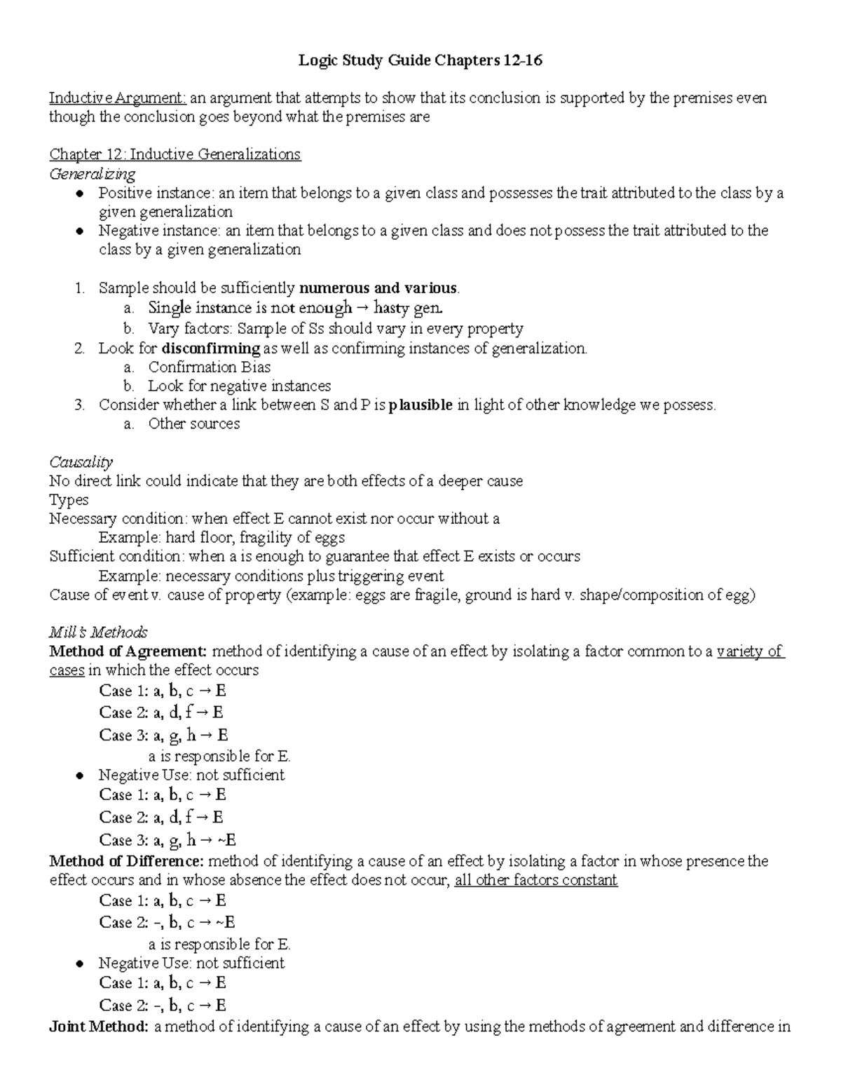 Logic Ch 12-16 - Logic Study Guide Chapters 12- Inductive Argument: an argument that attempts to ...