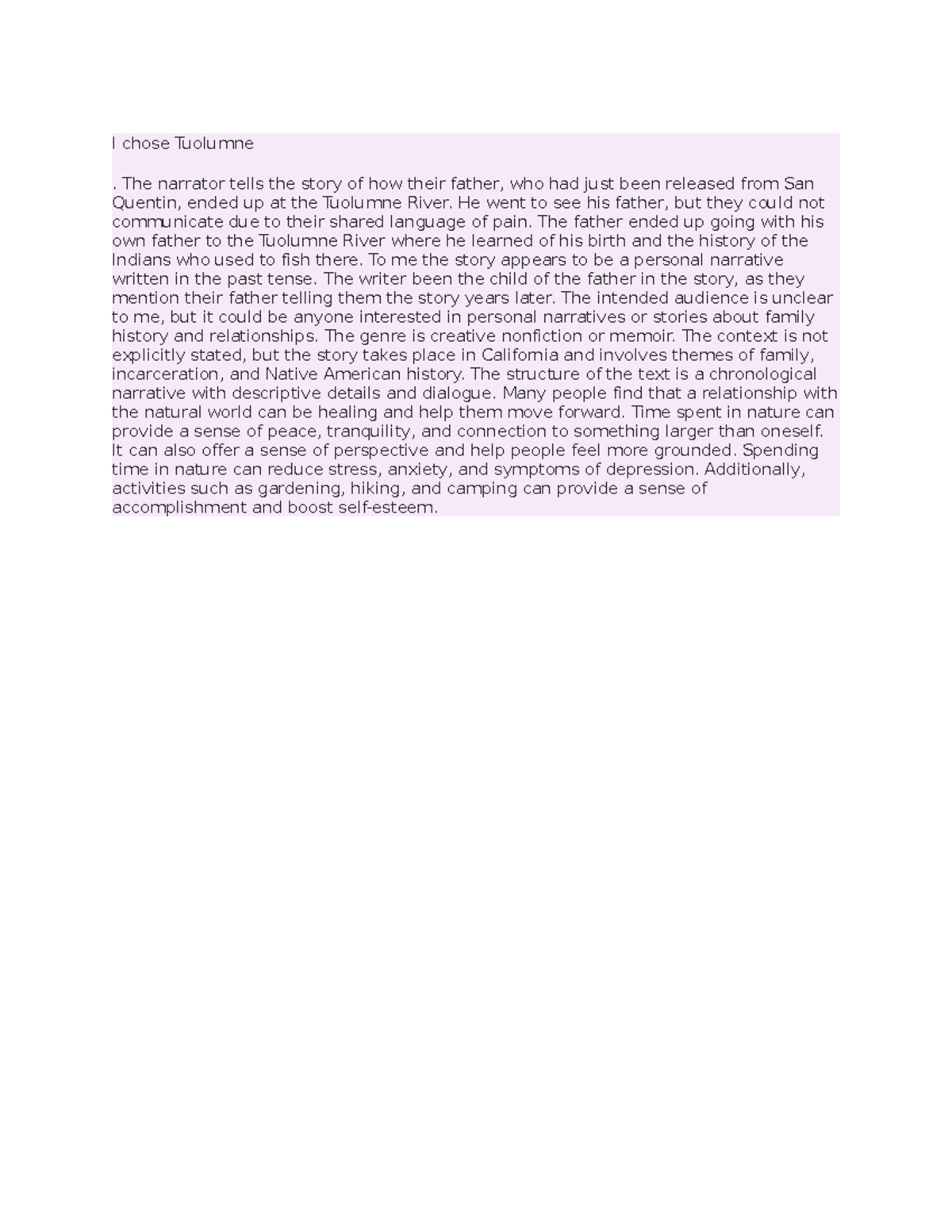 English 110 - wk2 discussion - I chose Tuolumne . The narrator tells ...