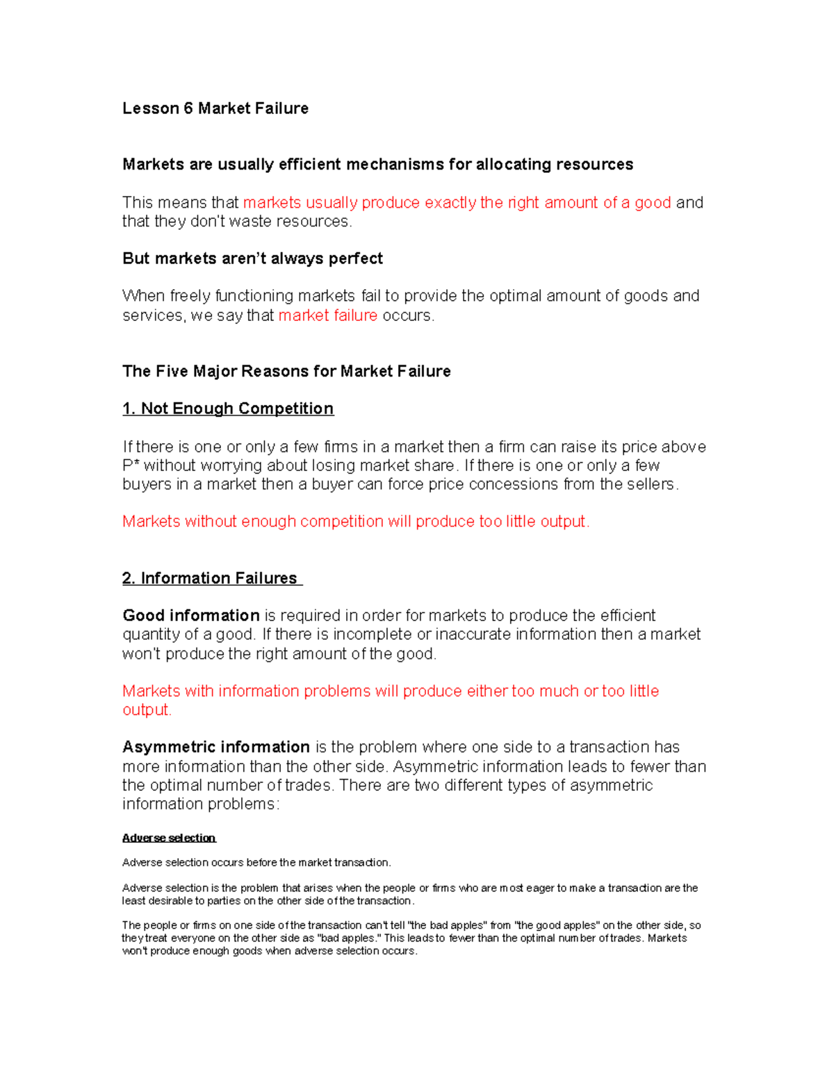 Lesson 6 Market Failure - Lesson 6 Market Failure Markets are usually ...
