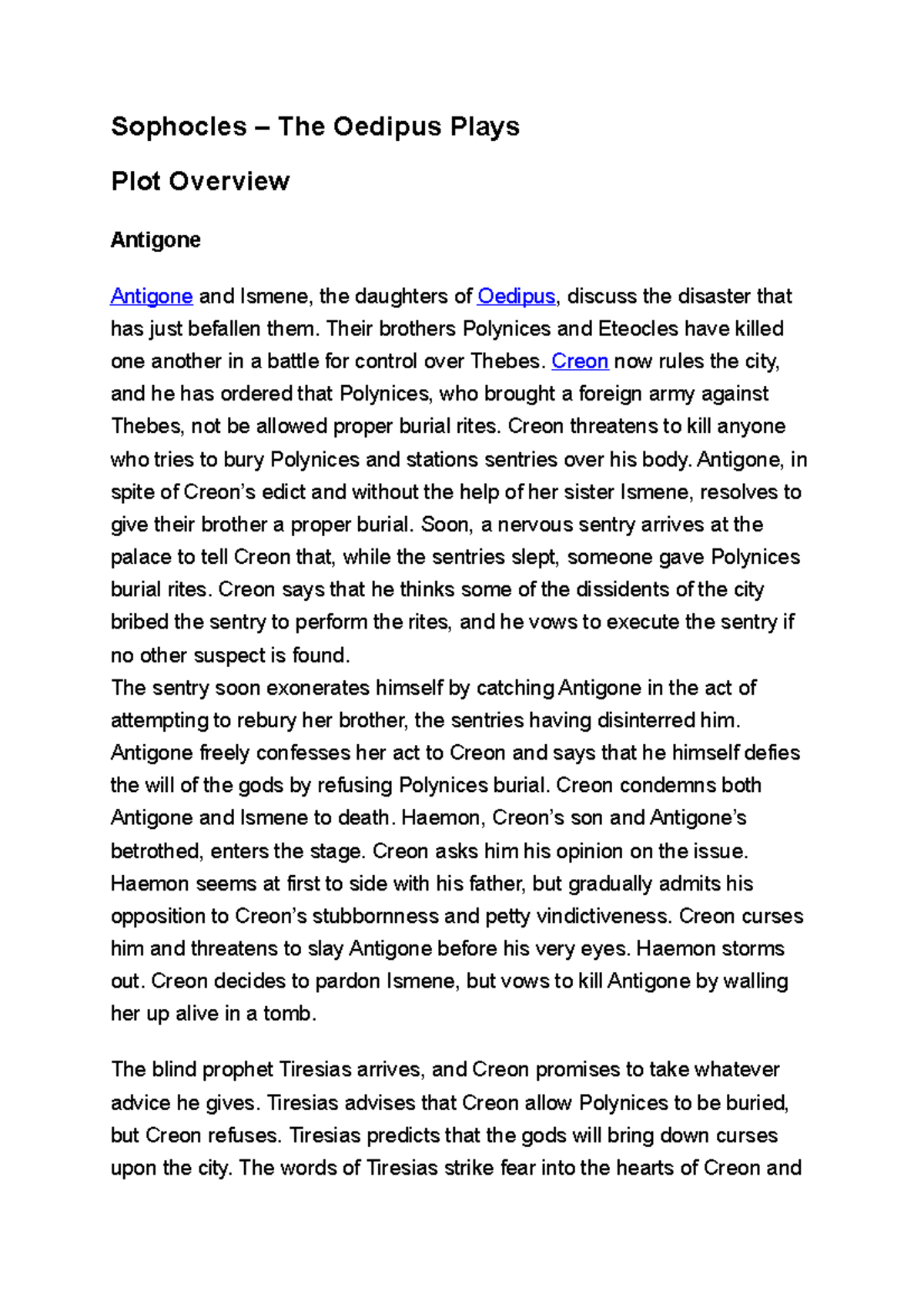 Sophocles - The Oedipus Plays - Plot Overview - Sophocles The Oedipus ...