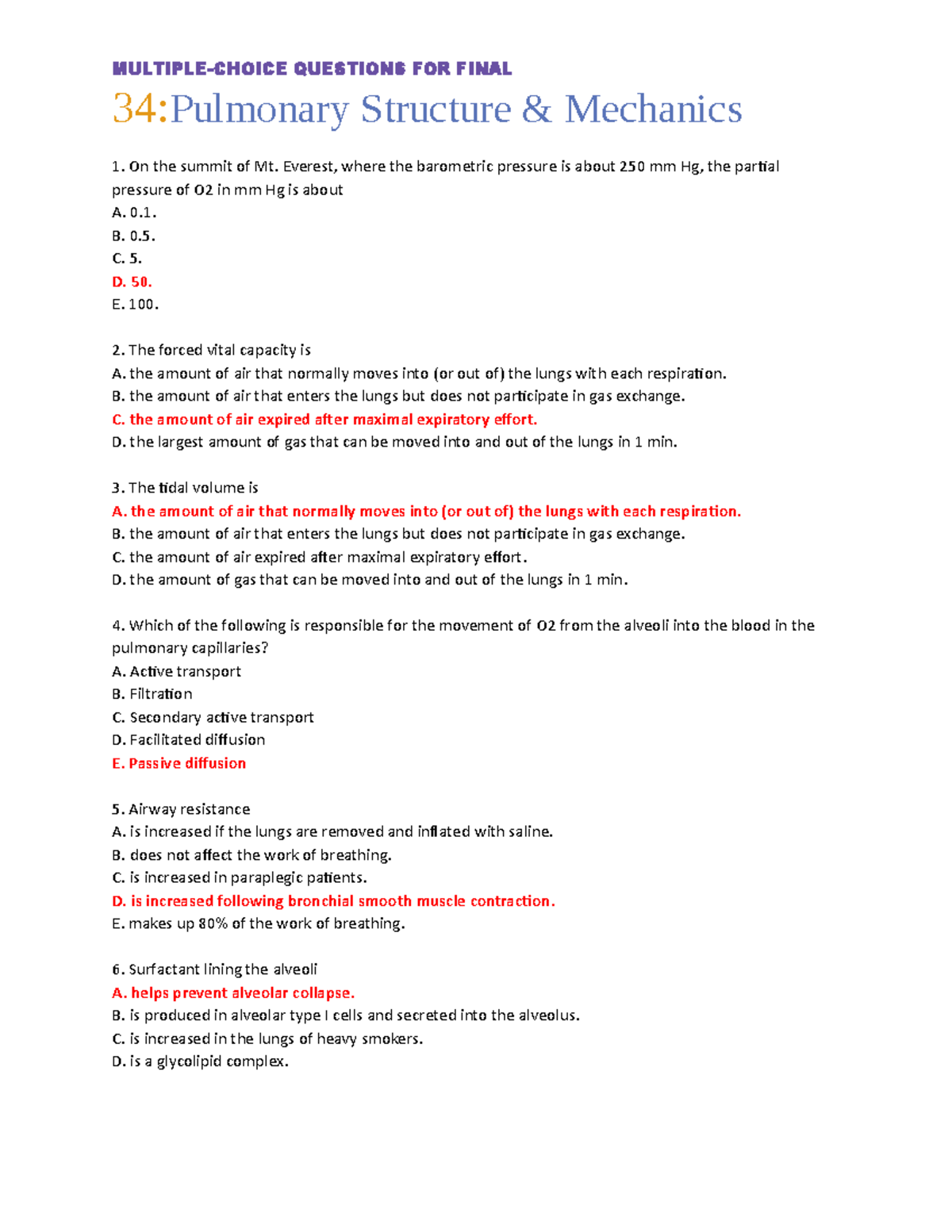 Final Test on Respiratory System - MULTIPLE-CHOICE QUESTIONS FOR FINAL ...