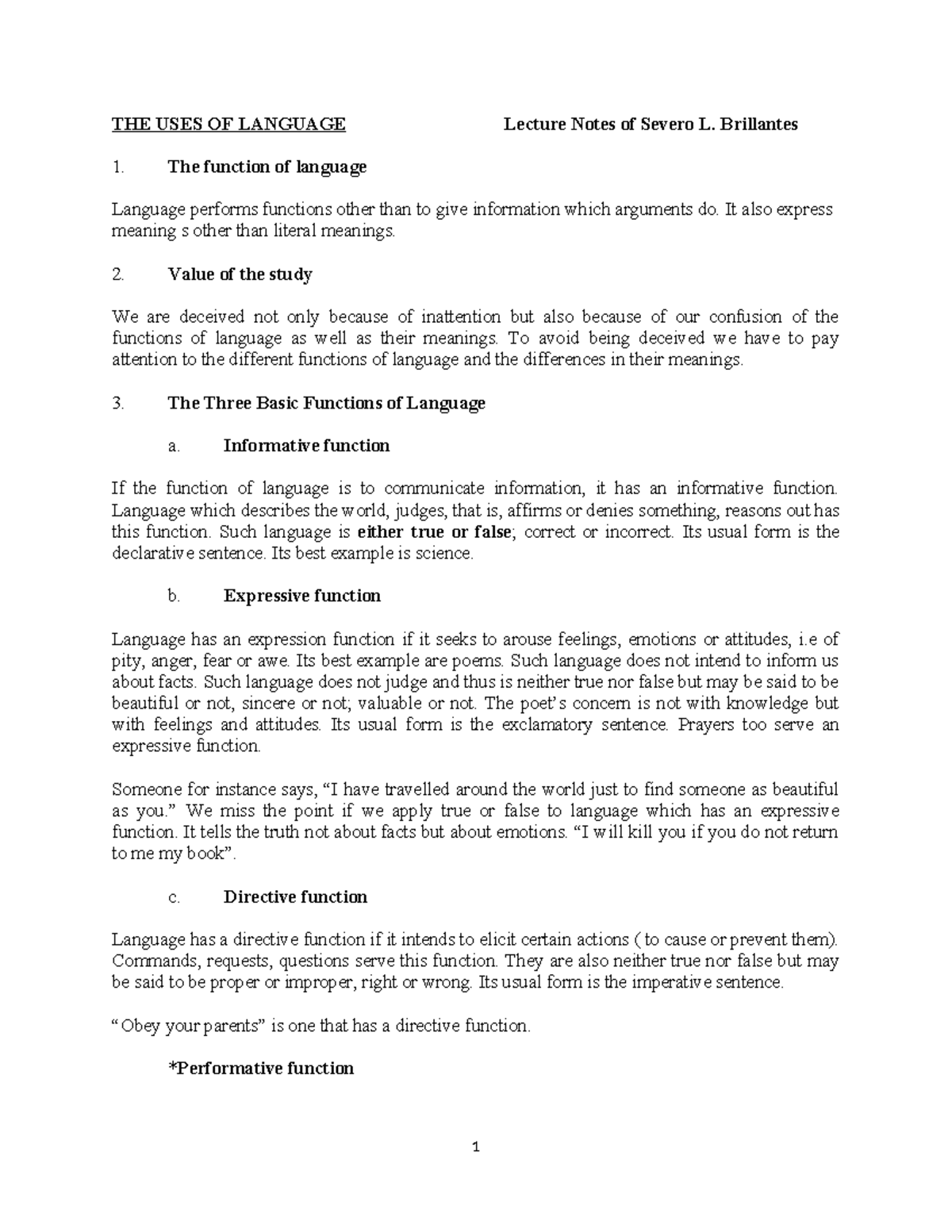 F - Goodluckkkk - THE USES OF LANGUAGE Lecture Notes of Severo L ...