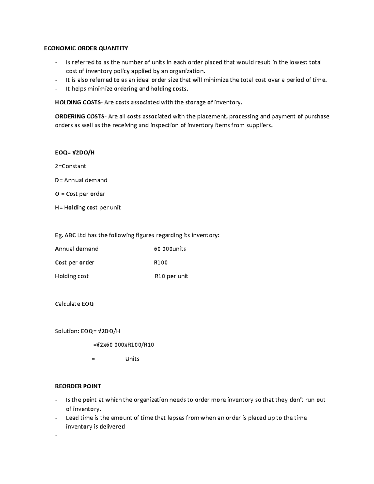 Economic Order Quantity - ECONOMIC ORDER QUANTITY Is referred to as the ...