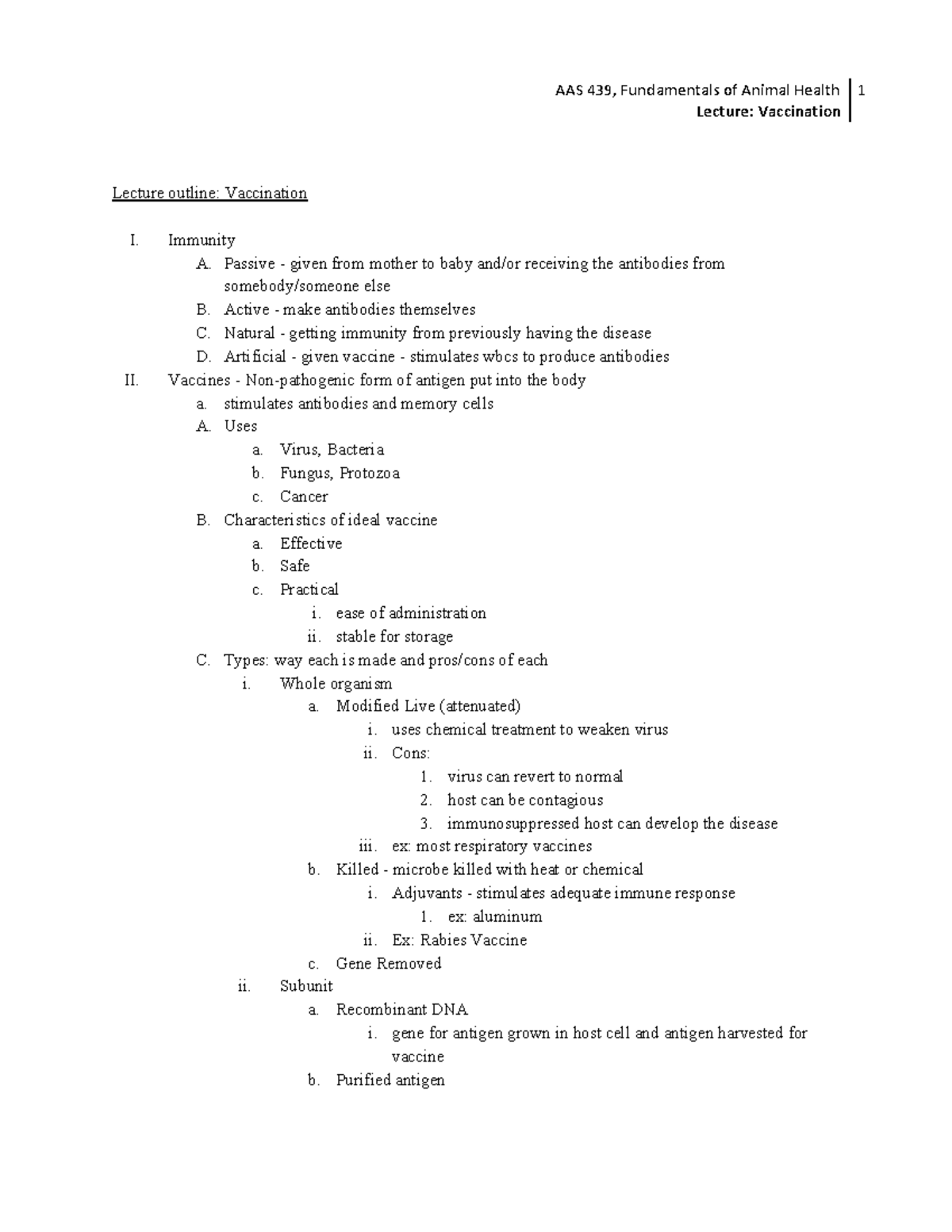 4. Vaccination - Lecture notes 4 - AAS 439, Fundamentals of Animal ...