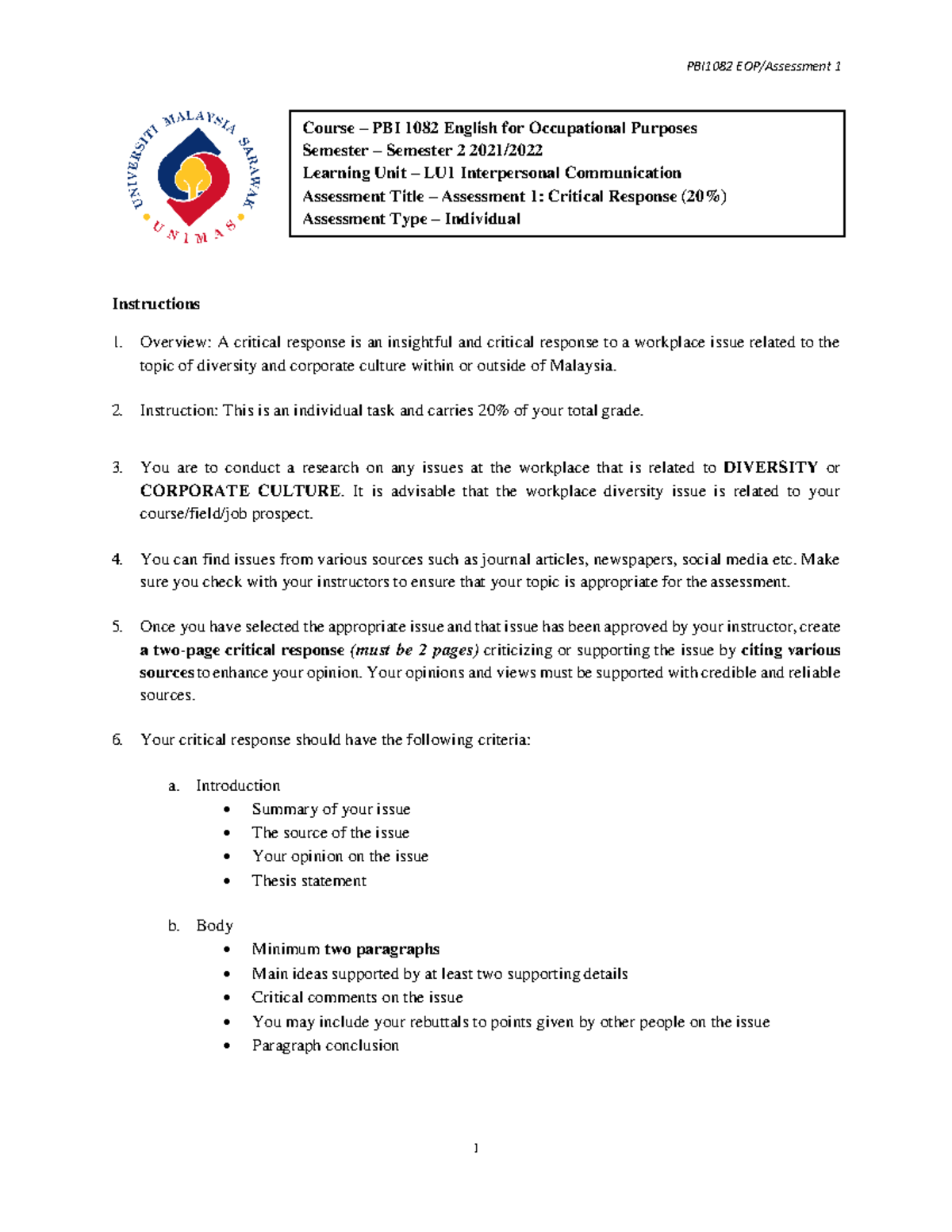 PBI 1082 Assessment 1 Instructions+Rubrics Sem 2 20212022 ...