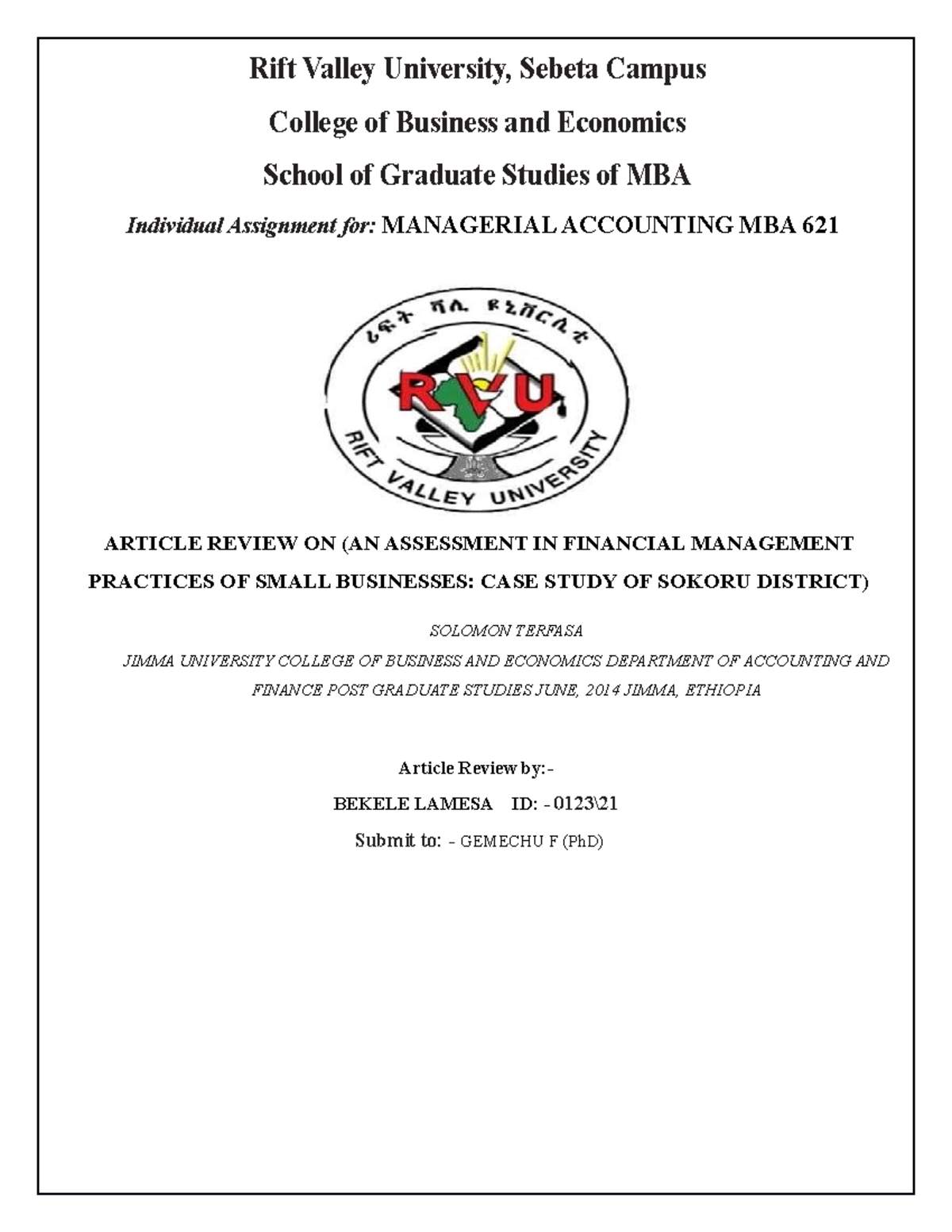 Final FM Abebe article review - Rift Valley University, Sebeta Campus ...