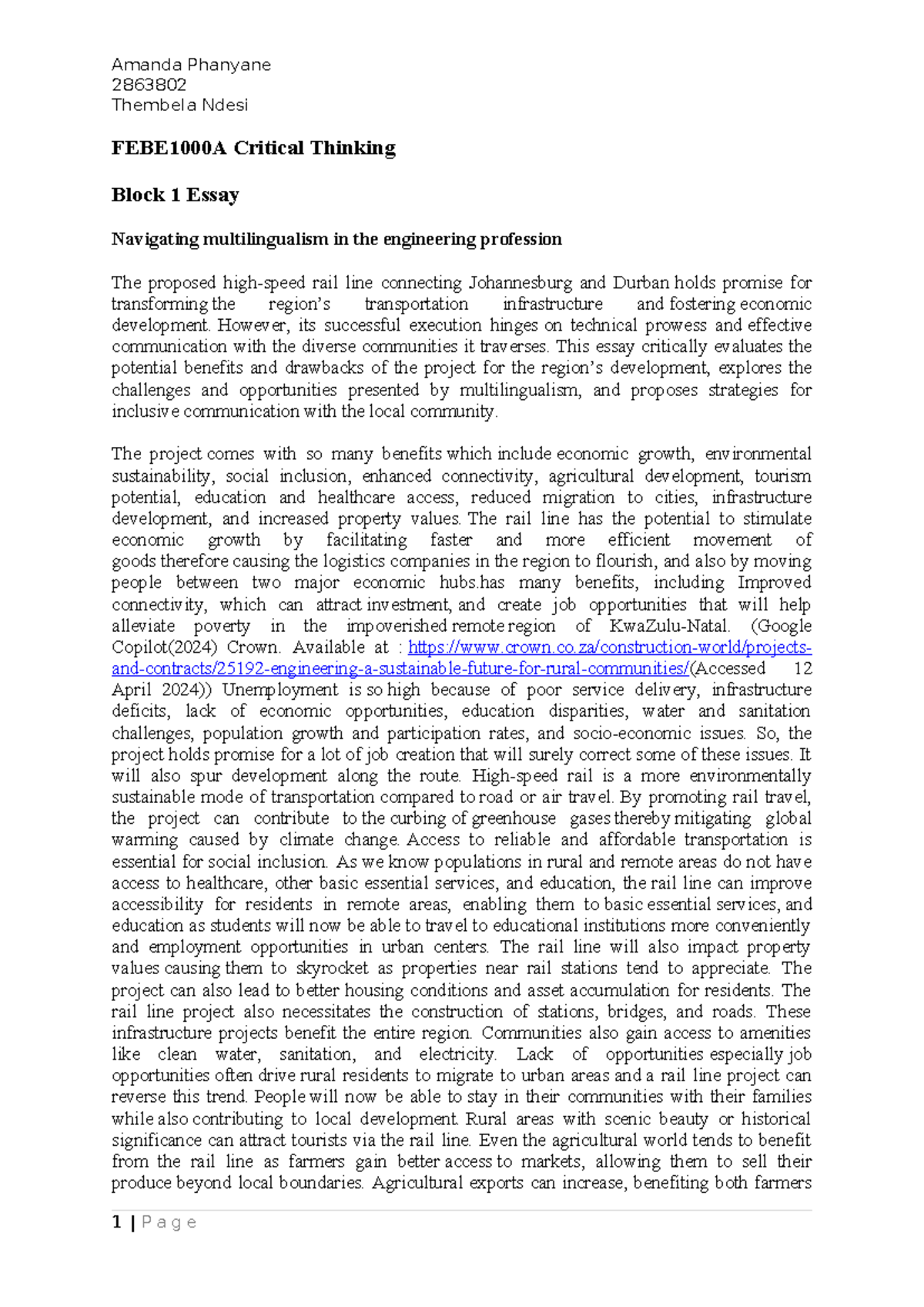 FEBE1000 A Block 1 Essay - 2863802 Thembela Ndesi FEBE1000A Critical ...