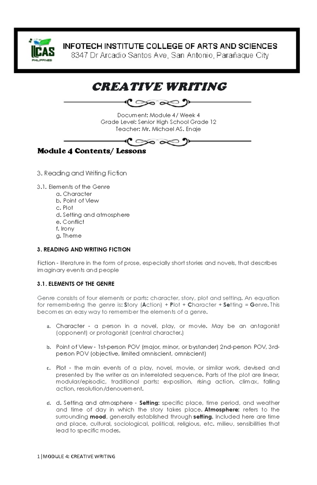 Module 4 - jasaadjdab - 1|MODULE 4: CREATIVE WRITING CREATIVE WRITING Document: Module 4/ Week 4 ...
