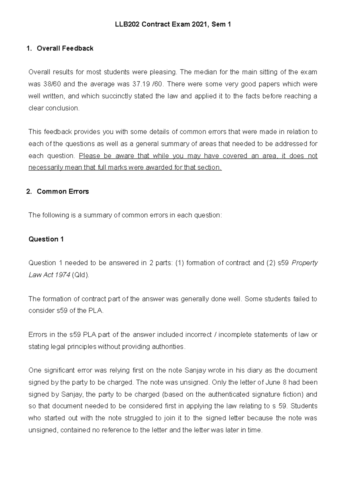 2021 sem 1 LLB202 Exam Feedback - LLB202 Contract Exam 2021, Sem 1 1 ...