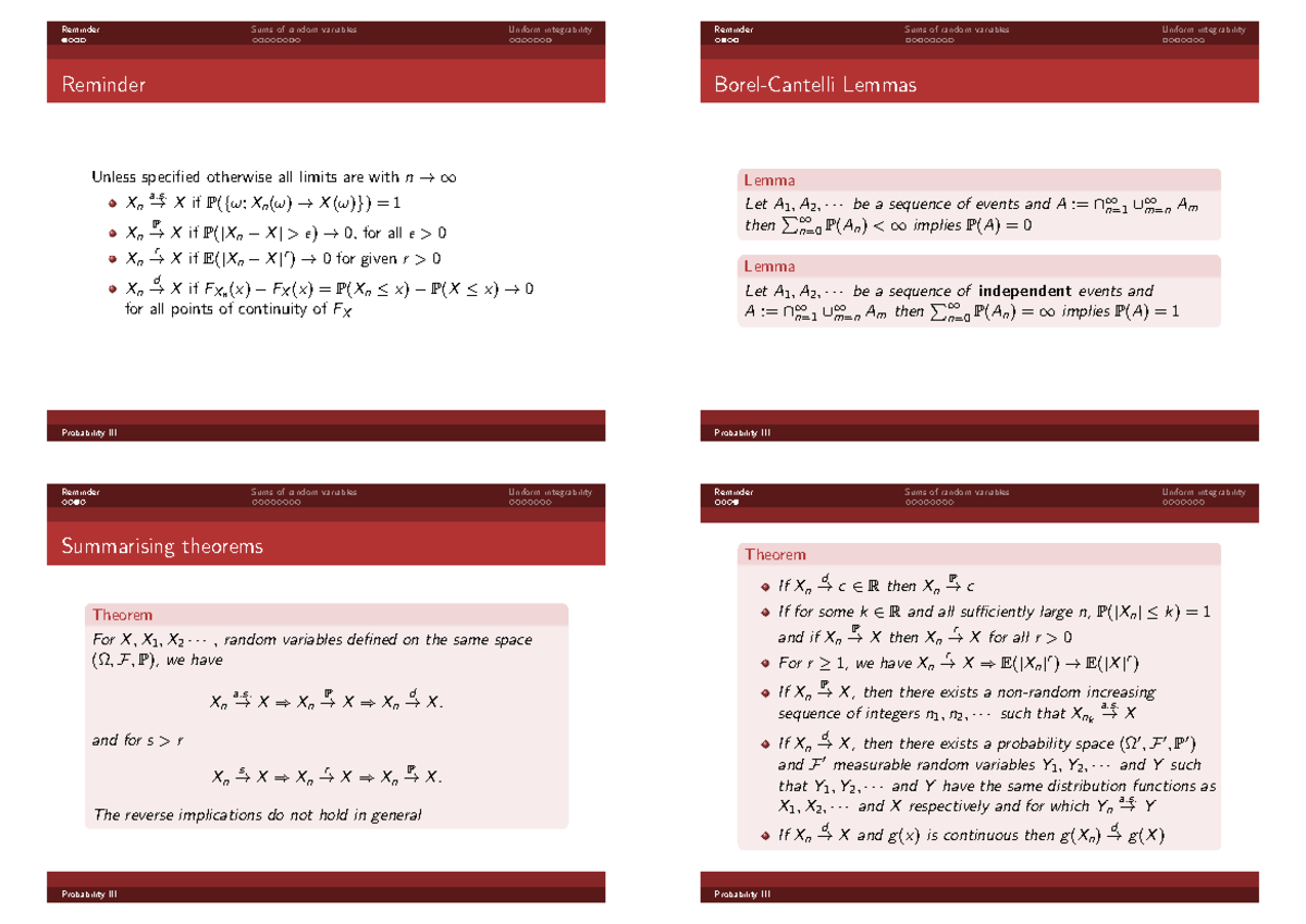 Lecture Slides - Sums of random variables and uniform integrability ...