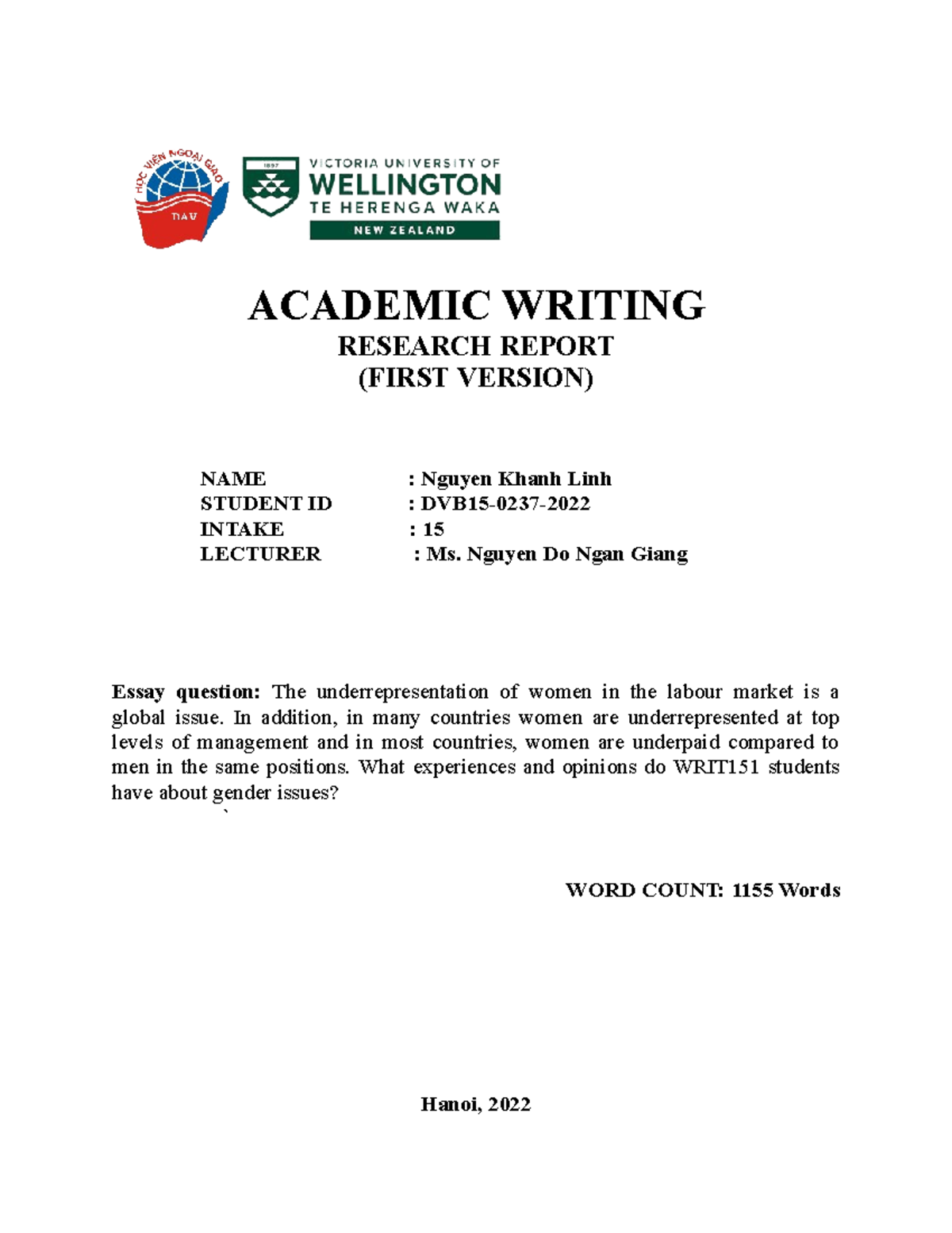 151-Nguyen Khanh Linh - DVB15-0237-2022 - ACADEMIC WRITING RESEARCH REPORT (FIRST VERSION) NAME ...