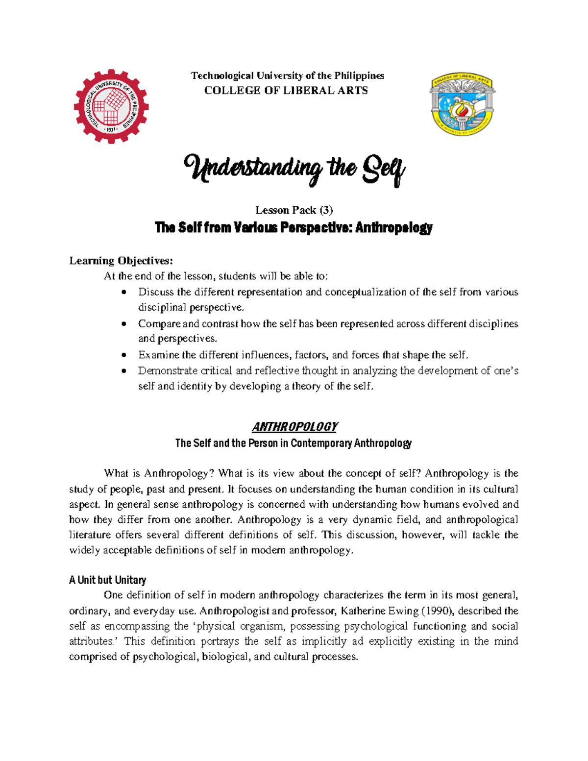 Understanding The Self Lesson 3 - Technological University of the ...
