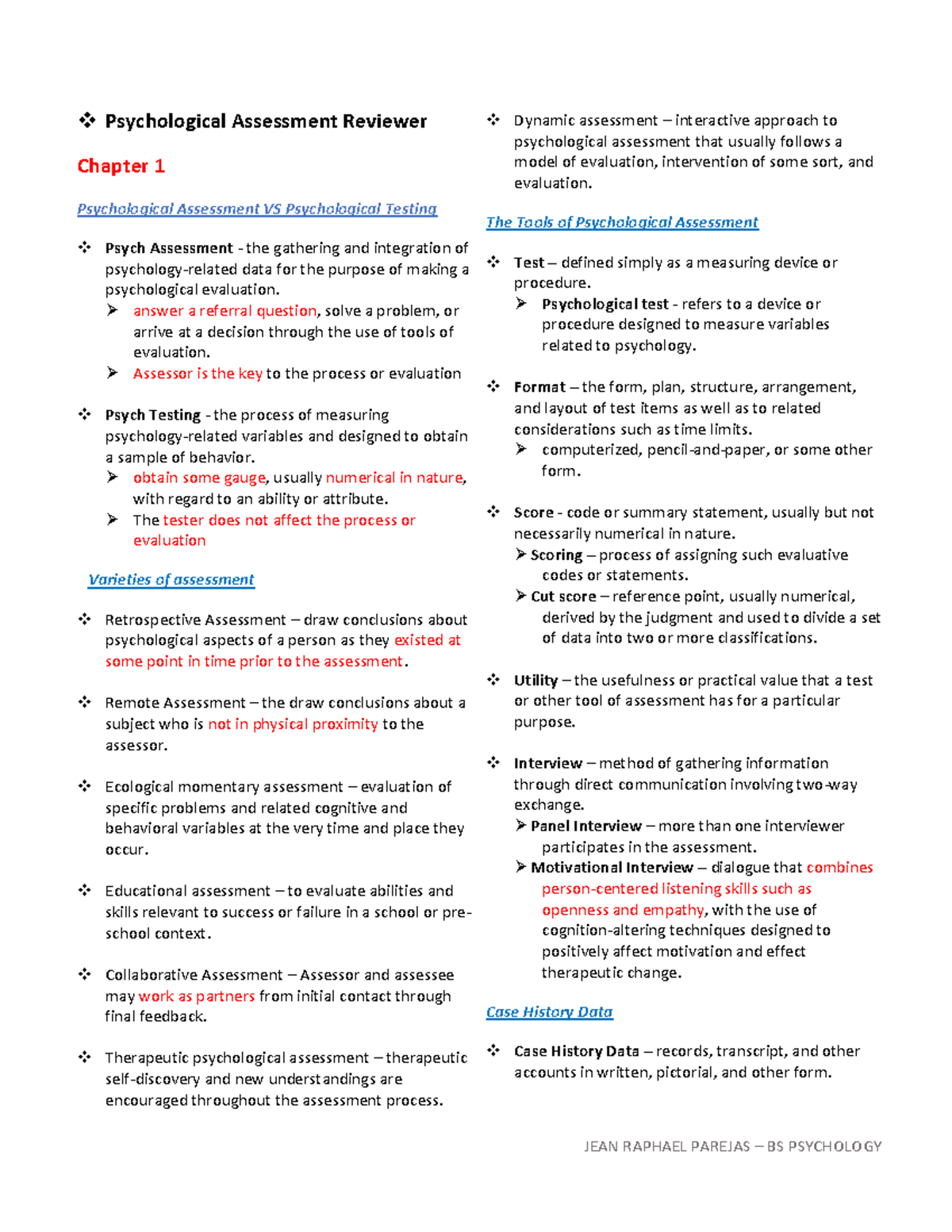 Psychological Testing and Assessment Chapter 1-3 reviewer - Psychology ...