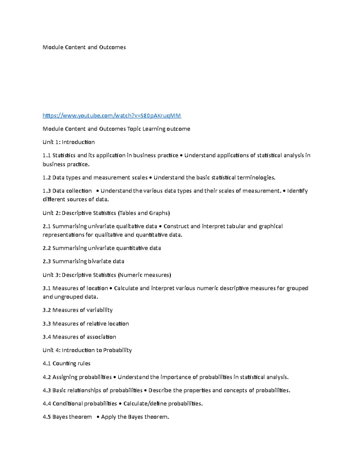 Business Statistics Course Outline - Module Content and Outcomes ...