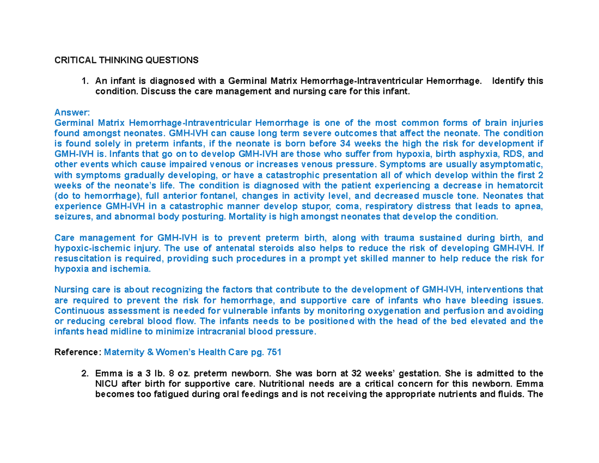 2260 NICU CS Fall B 2020 - case study - CRITICAL THINKING QUESTIONS An ...