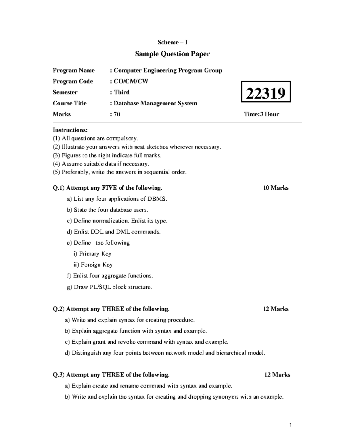22319 data base management system - Sample Question Paper Program Name : Computer Engineering ...